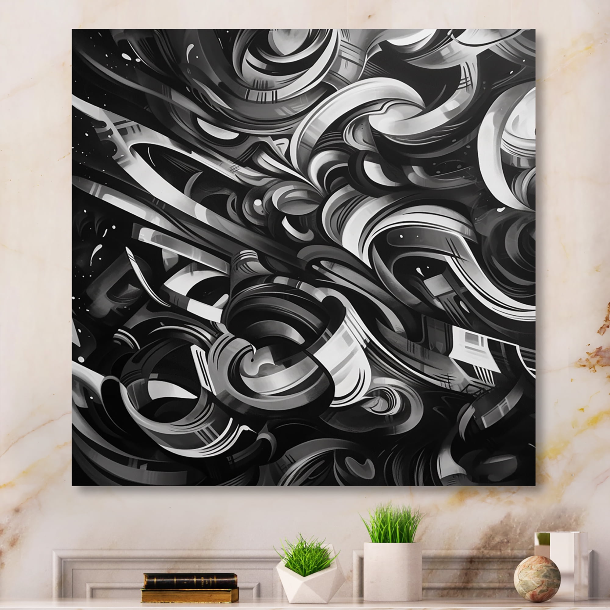 Designart "Black And Graffiti Of Marble I" Abstract Marble Canvas Wall ...