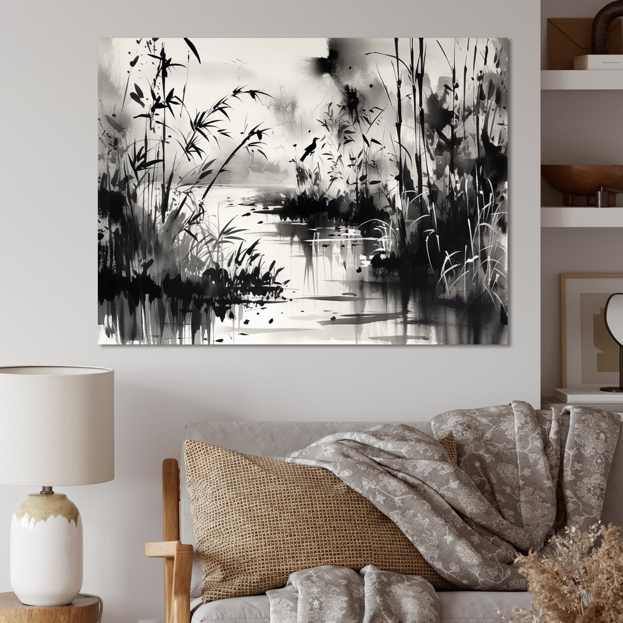 Designart "Black And White Asia Streams" Japon Landscape Wall Art ...