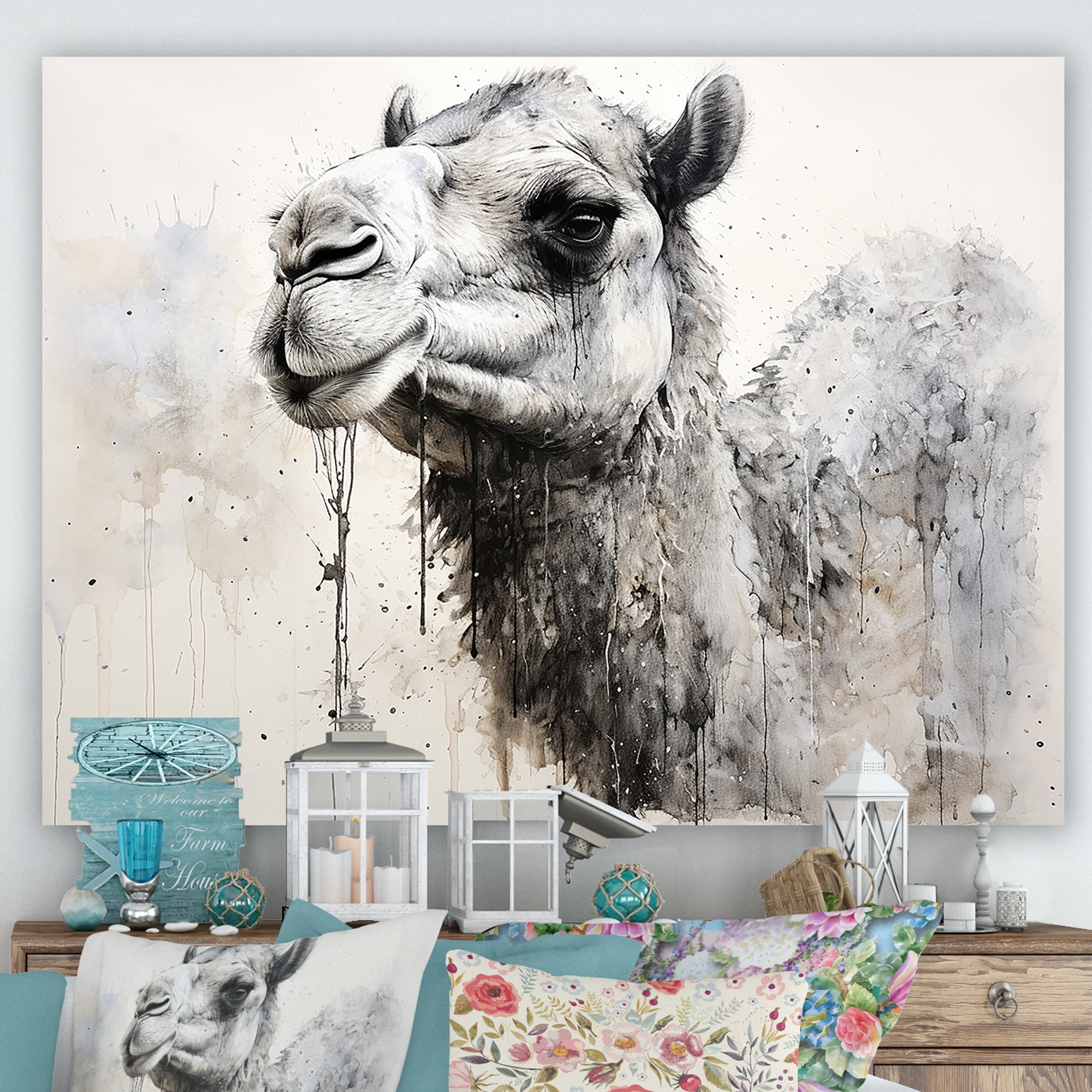 Designart "Black And White Camel Minimalism" Animals Camel Canvas ...