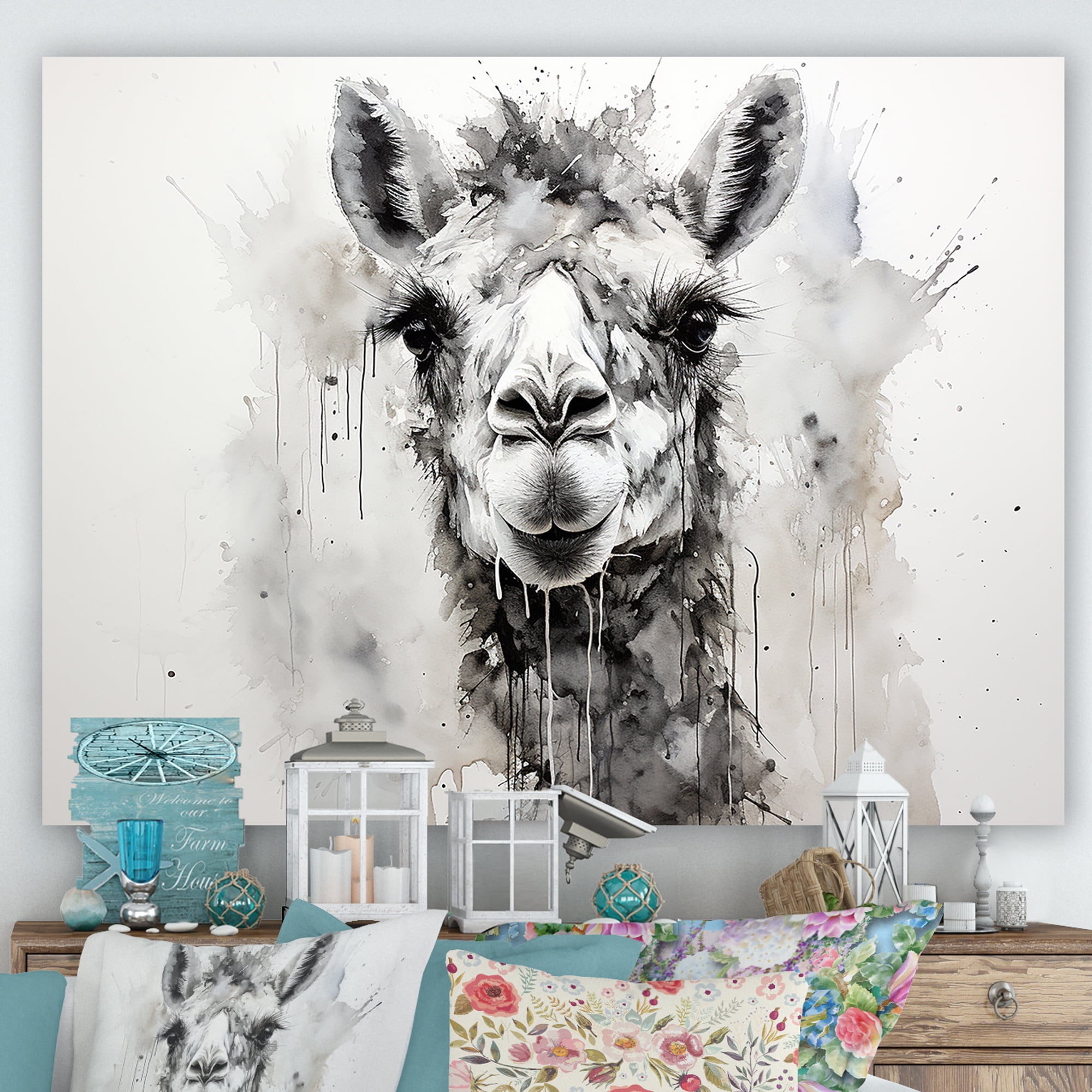 Designart "Black And White Camel Minimalism I" Animals Camel Wall Decor ...