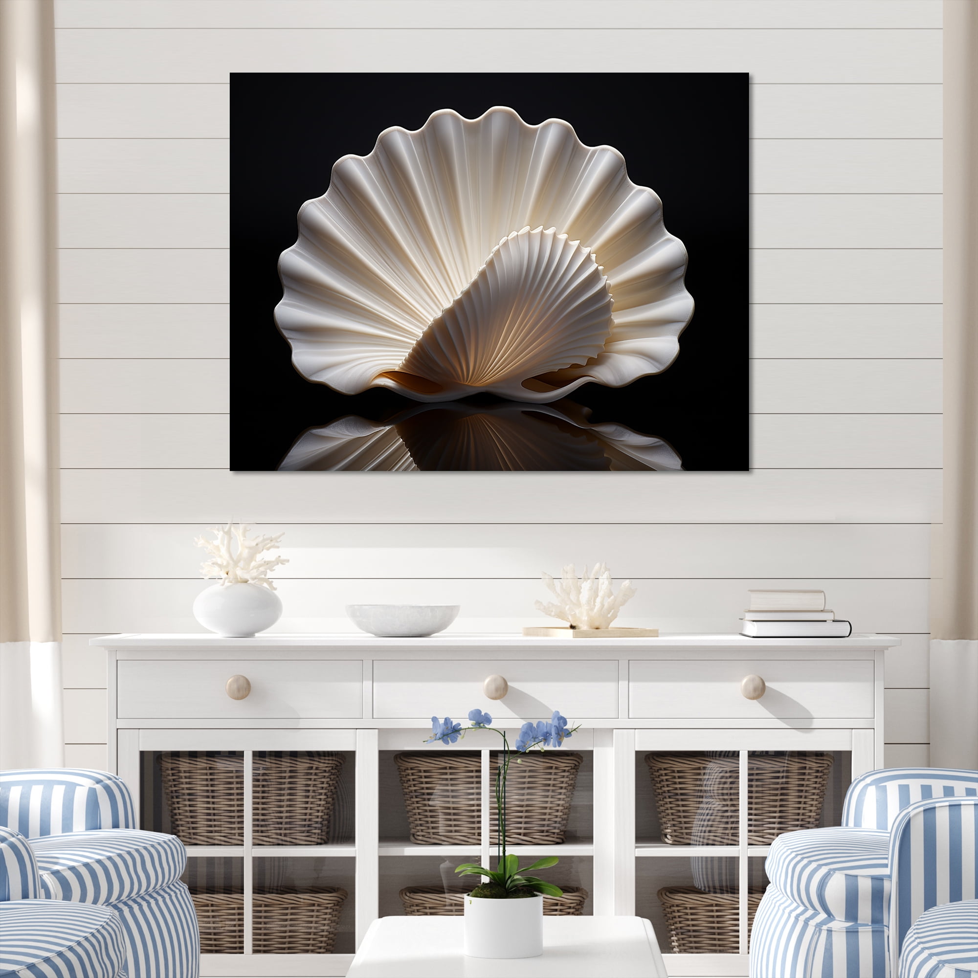 Designart "Black And White Clam In Dark Sea" Clam Wall Art Living Room ...