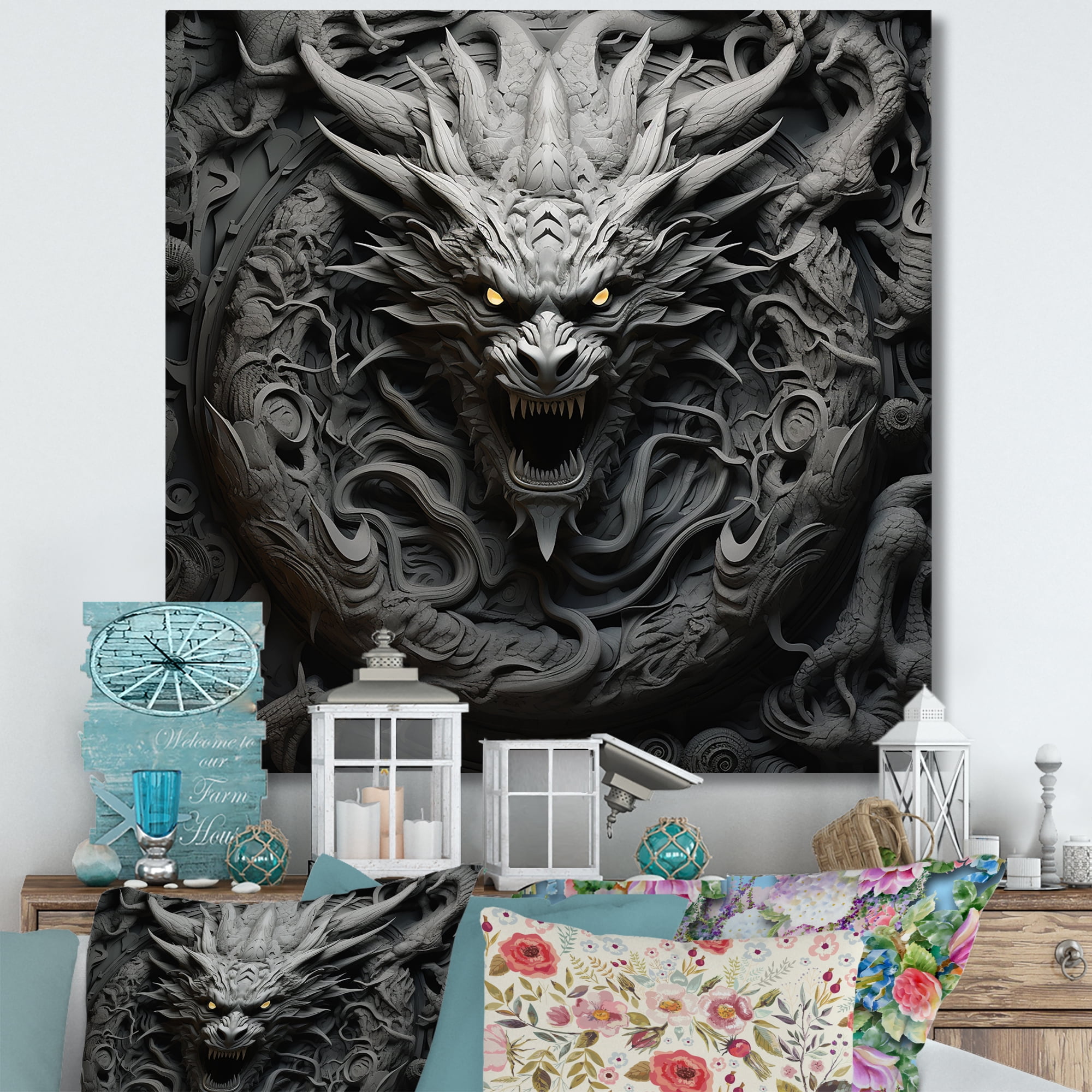Designart "Black And White Dragon From Chinese Lore I" Dragons Canvas ...