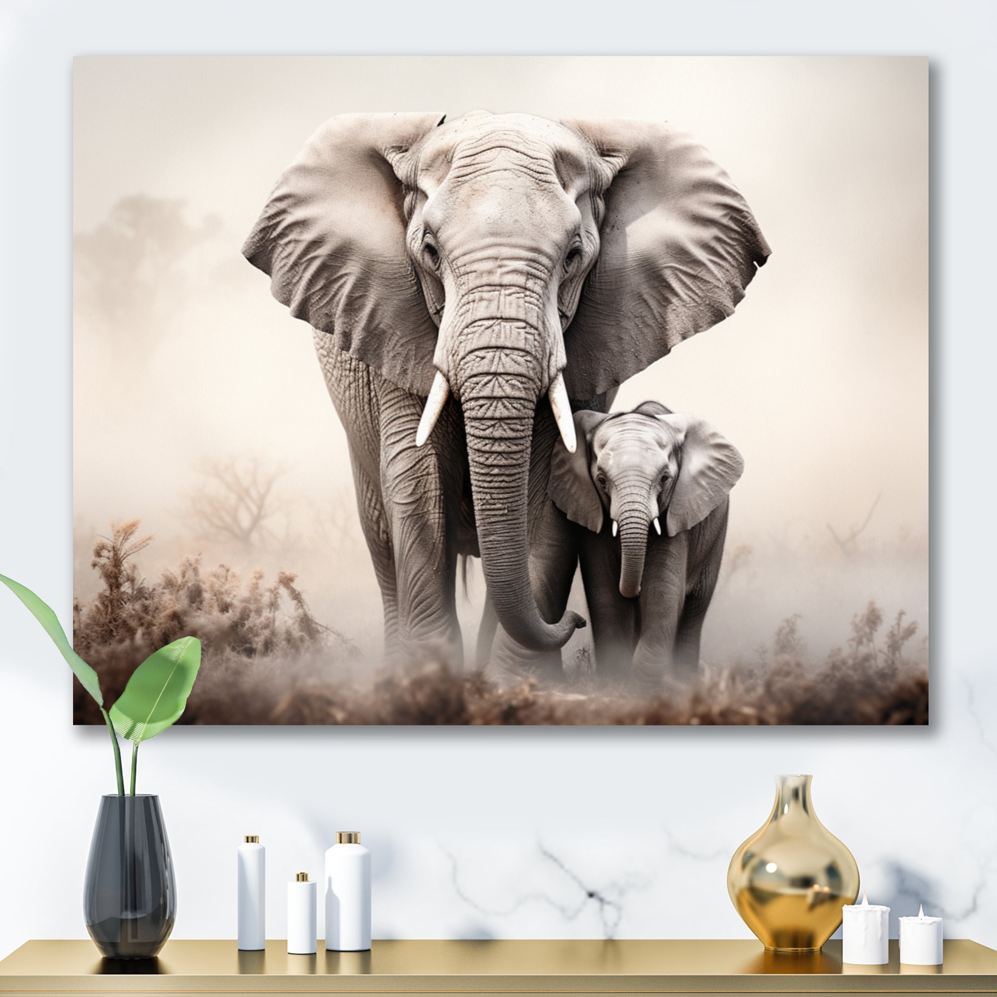 Designart "Black And White Elephant Beauty Of Strength II" Animals ...