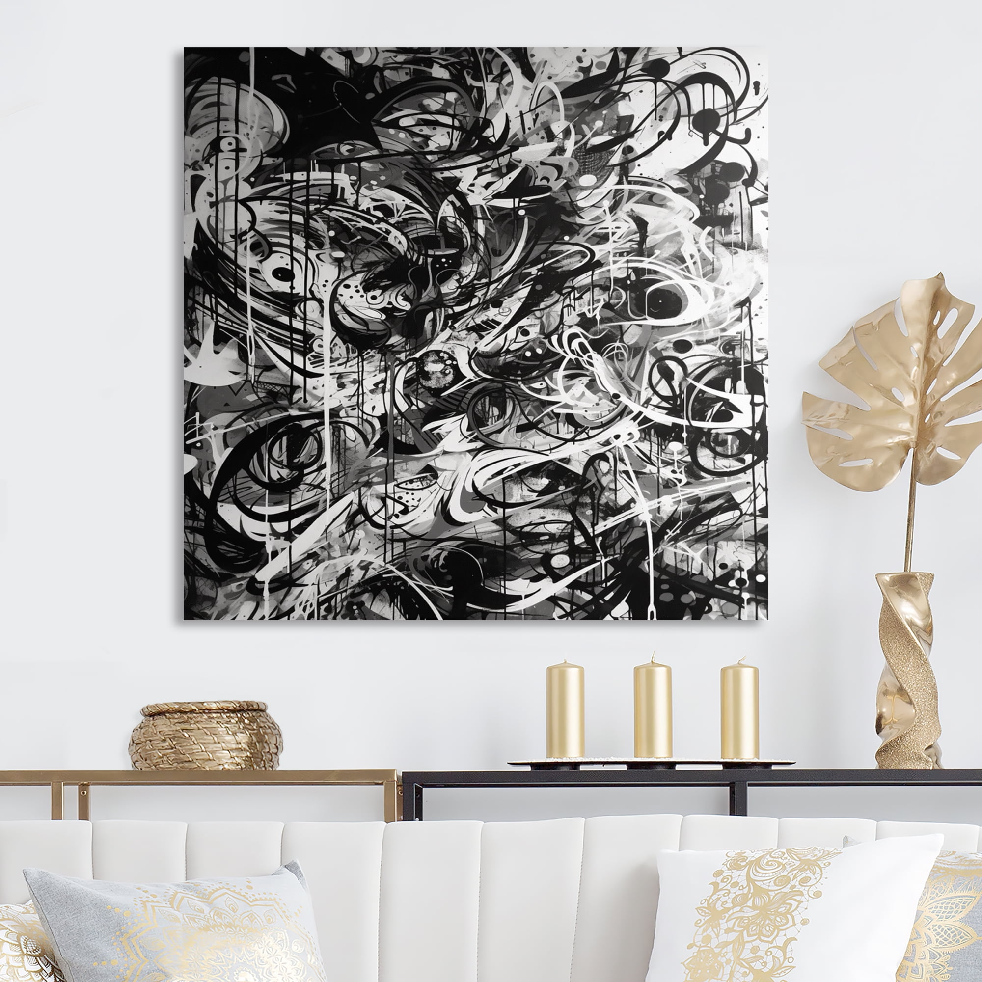 Designart "Black And White Graffiti Cosmic I" Modern Geometric Wall Art ...