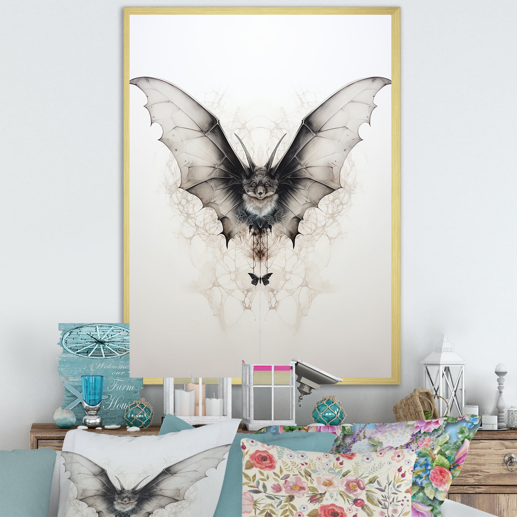 Designart "Black And White Minimalist Bat" Animals Bat Picture Framed ...