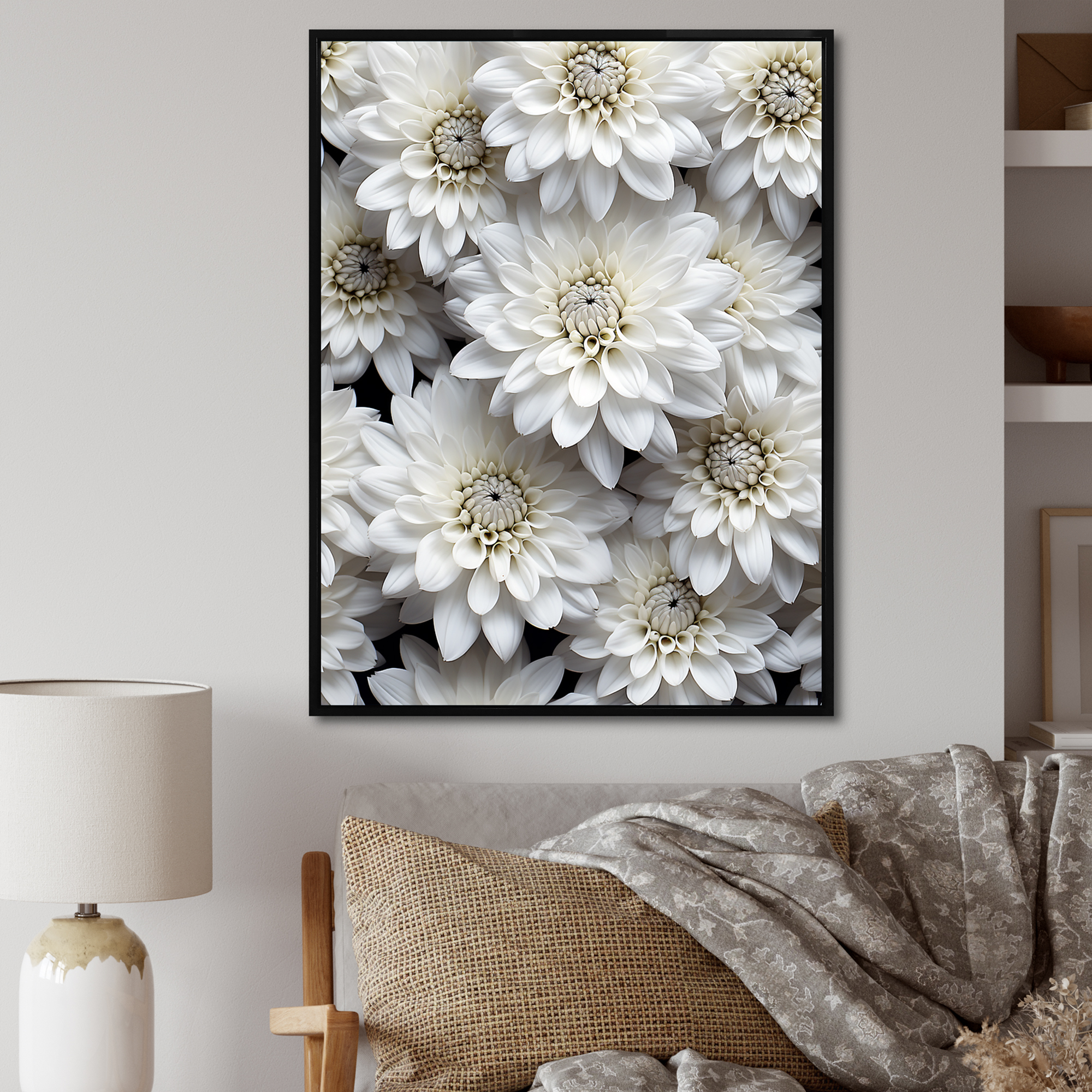 Designart "Black And White Minimalist Mums" Mums Floater Framed Canvas ...