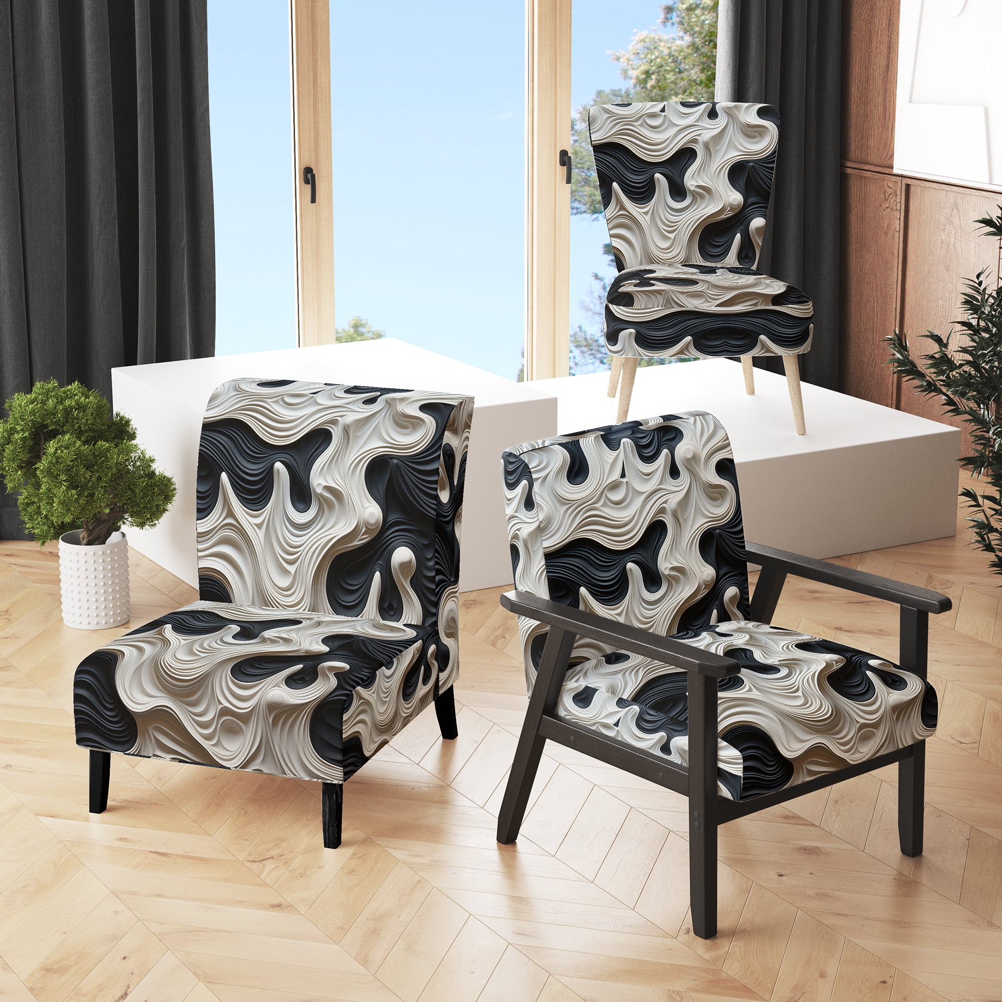 Designart "Black And White Wave" Upholstered Modern & Contemporary ...