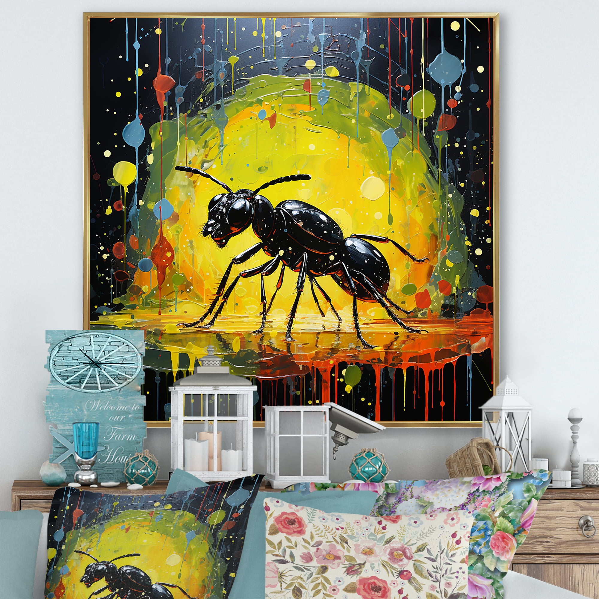 Designart "Black Ants Join Neon Pioneers" Animals Ant Floater Framed ...