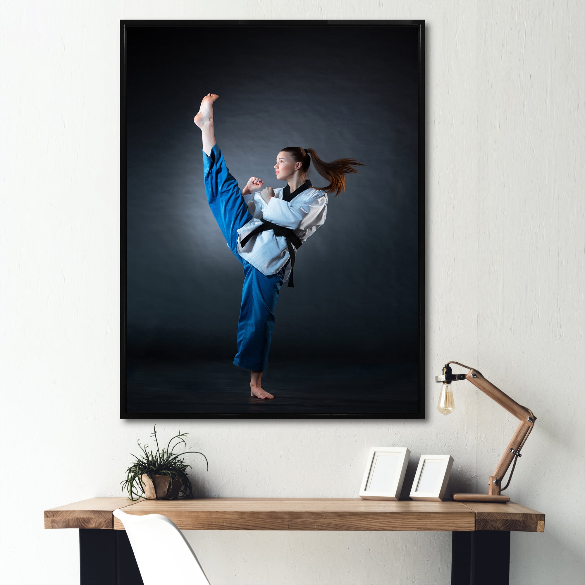 Designart "Black Belt Karate Kick" Martial Arts Floater Framed Wall ...