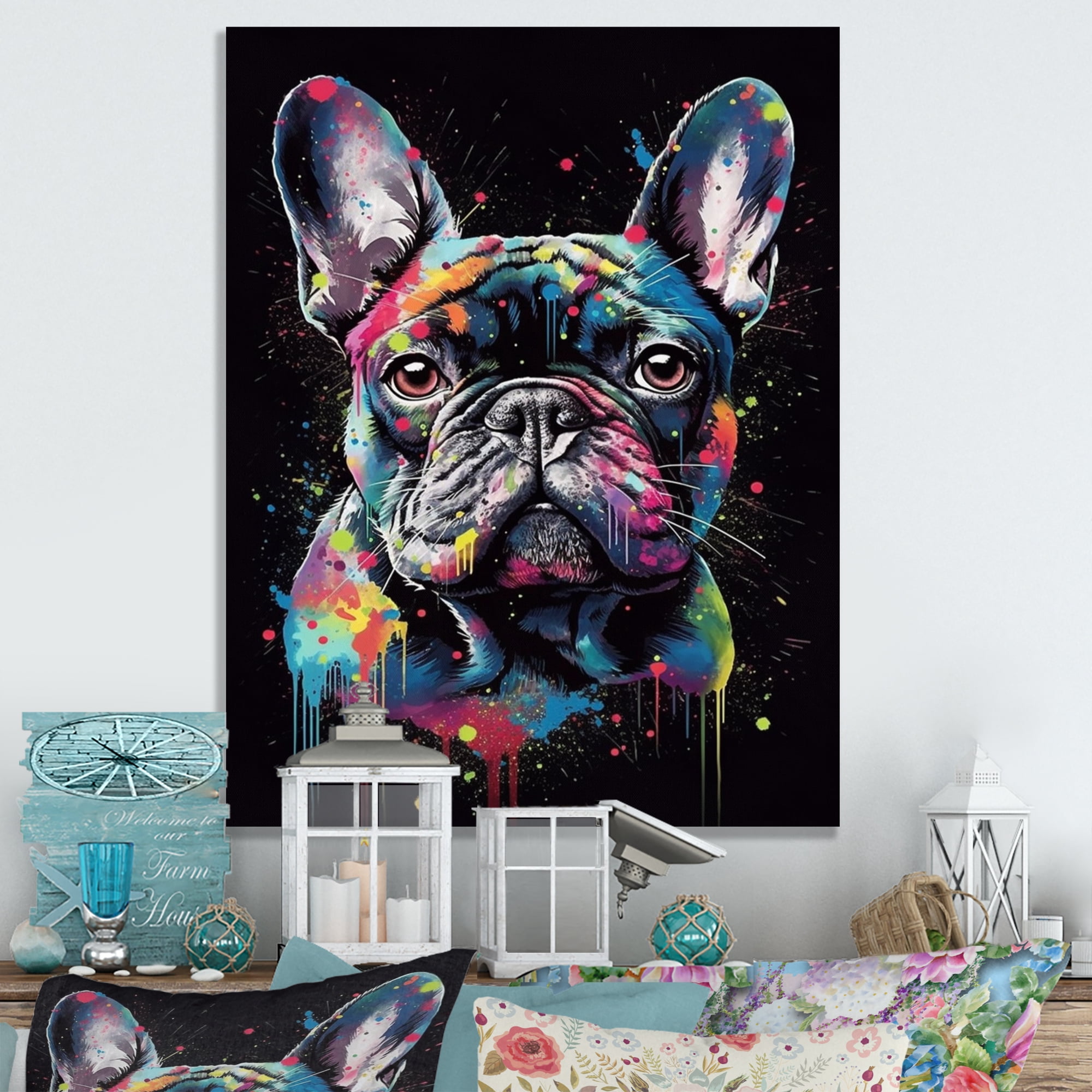 Designart "Black Blue Paintsplatter Bulldog Portrait" Animals Dog Pug ...