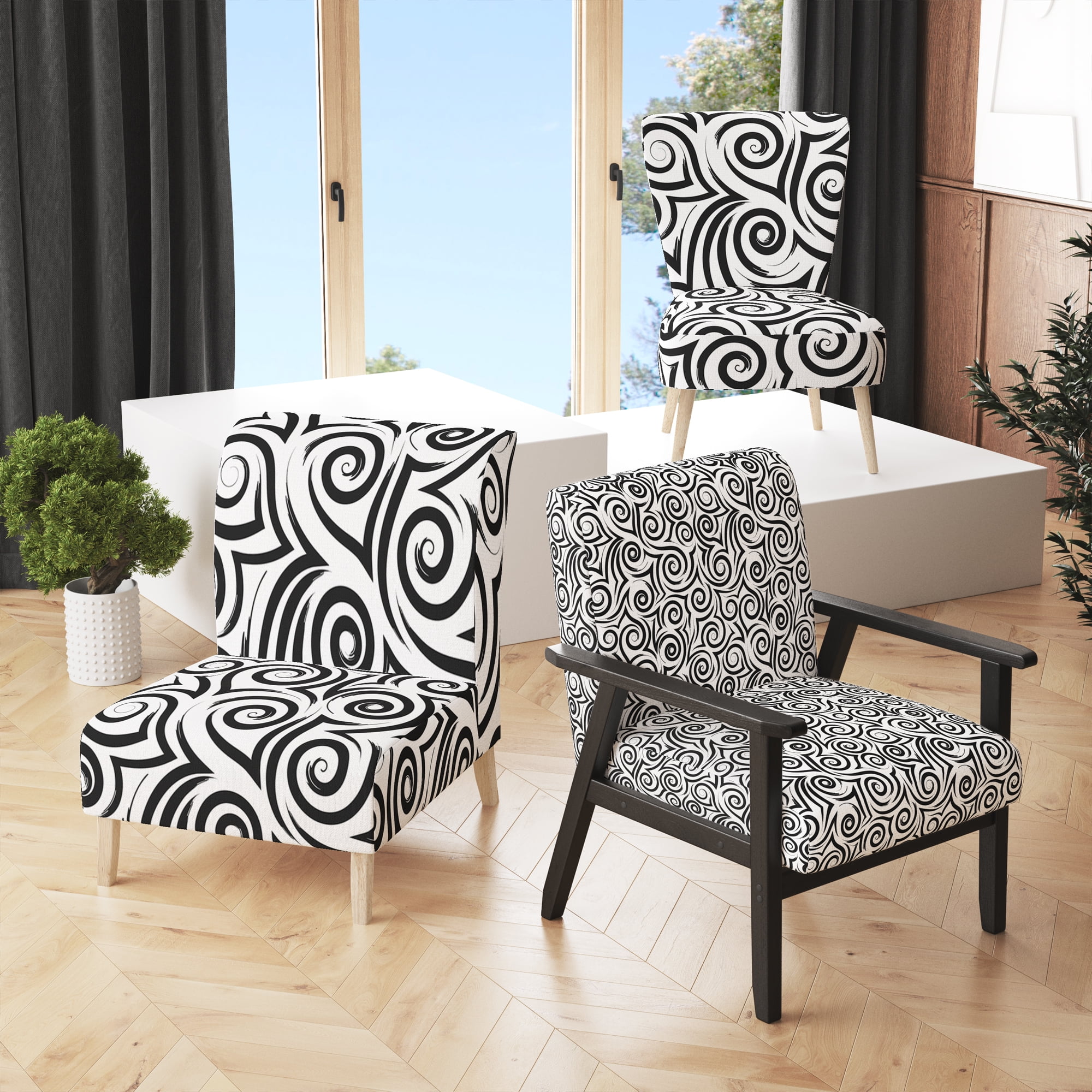 Designart "Black Curls Geometric" Upholstered Patterned Accent Chair ...