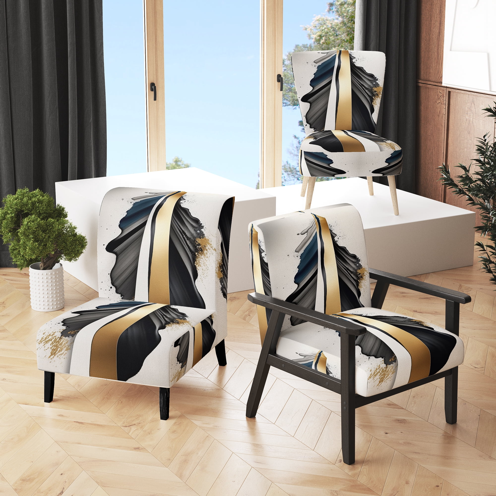 Designart "Black And Gold Cubic Expression VII" Upholstered Modern ...