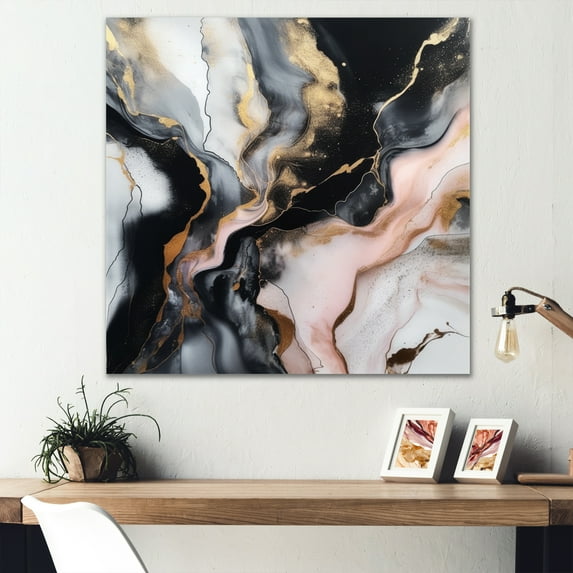 Designart "Black Gold Texture Splash Marble" Abstract Marble Canvas ...