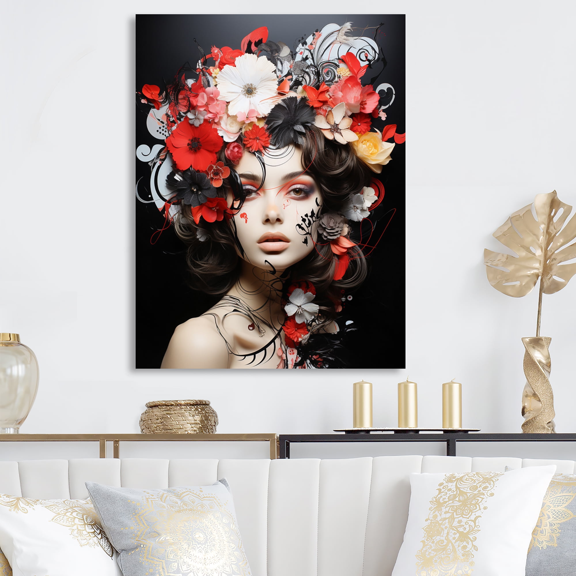 Designart "Black Red Floral Fashion Woman Bold Contrasts" Fashion Woman Metal Art Living Room ...