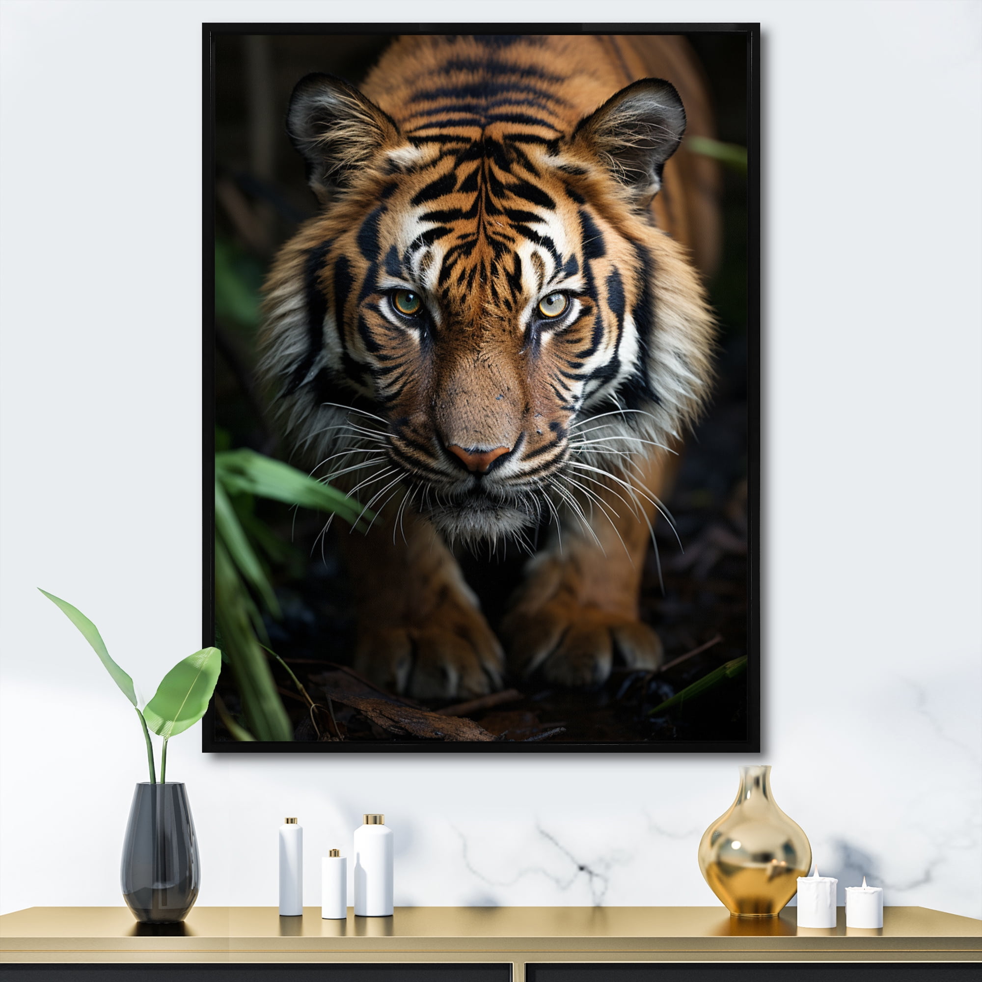 Designart "Black Tiger Beige Portrait II" Animals Floater Framed Wall ...