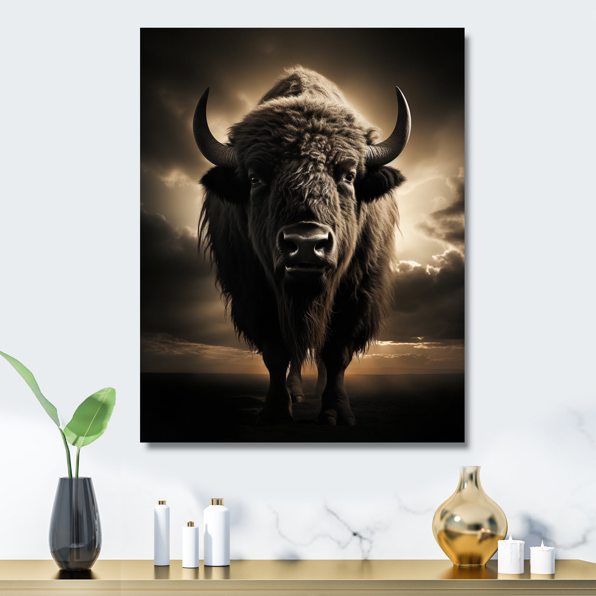 Designart "Black White Buffalo Silhouette Charm I" Animals Bison Metal ...