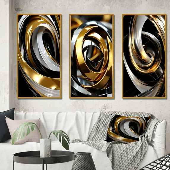 Designart "Black White Gold Swirl Liquid Dimension III" Abstract ...