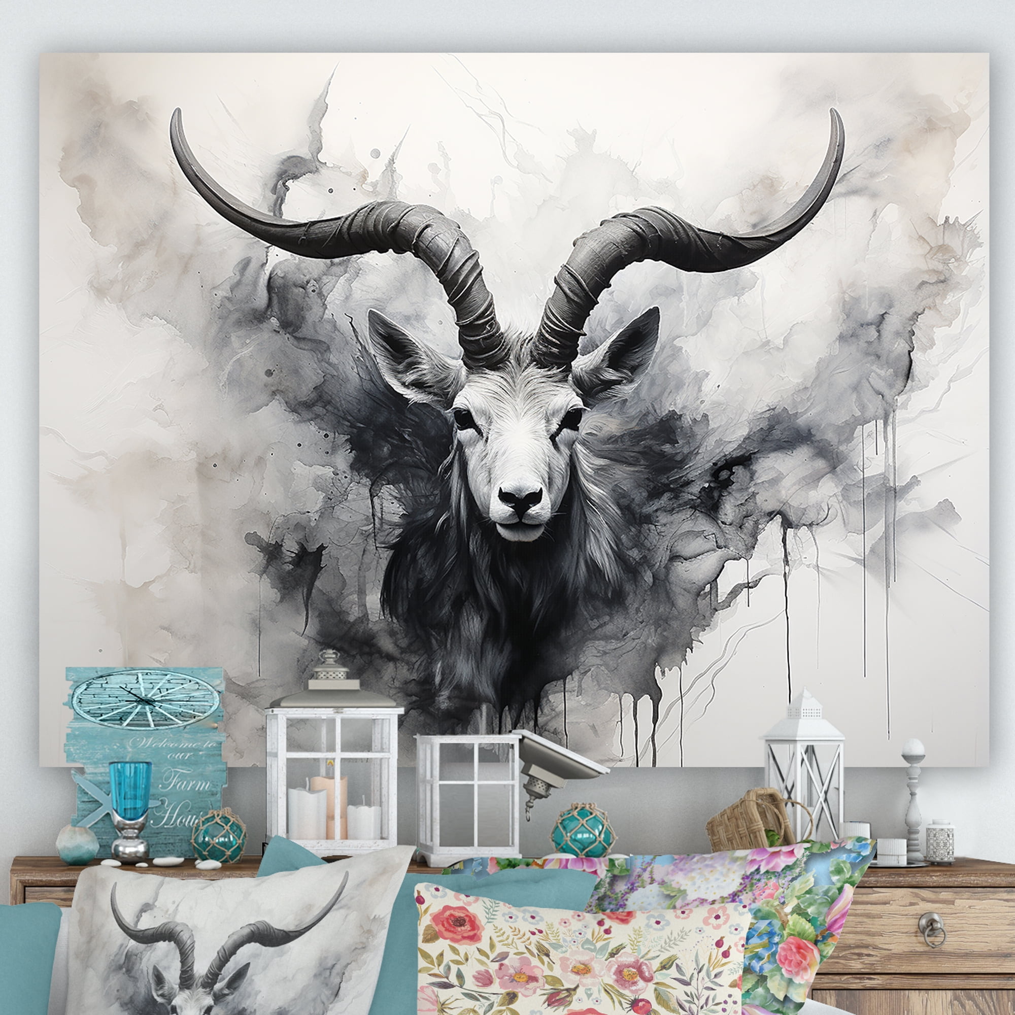 Designart "Black & White Ibex Minimalism I" Animals Antelope Canvas Art ...