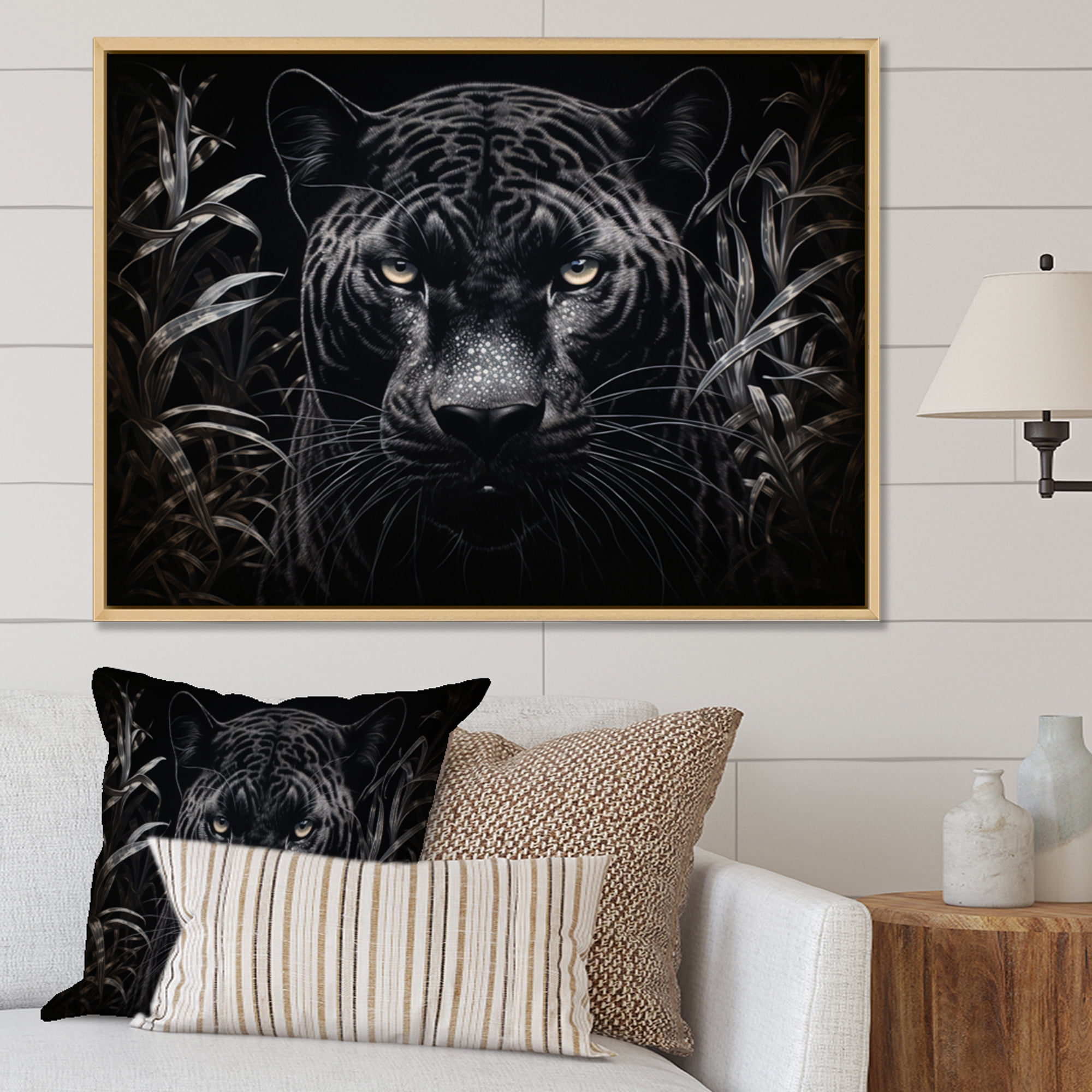 Designart "Black White Panther Nocturnal Scratchboard" Animals Floater ...
