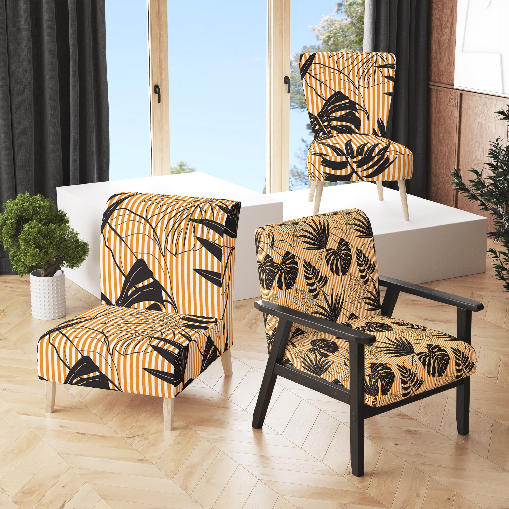 Designart "Black and Cream Tropical Leaves" Upholstered Patterned ...