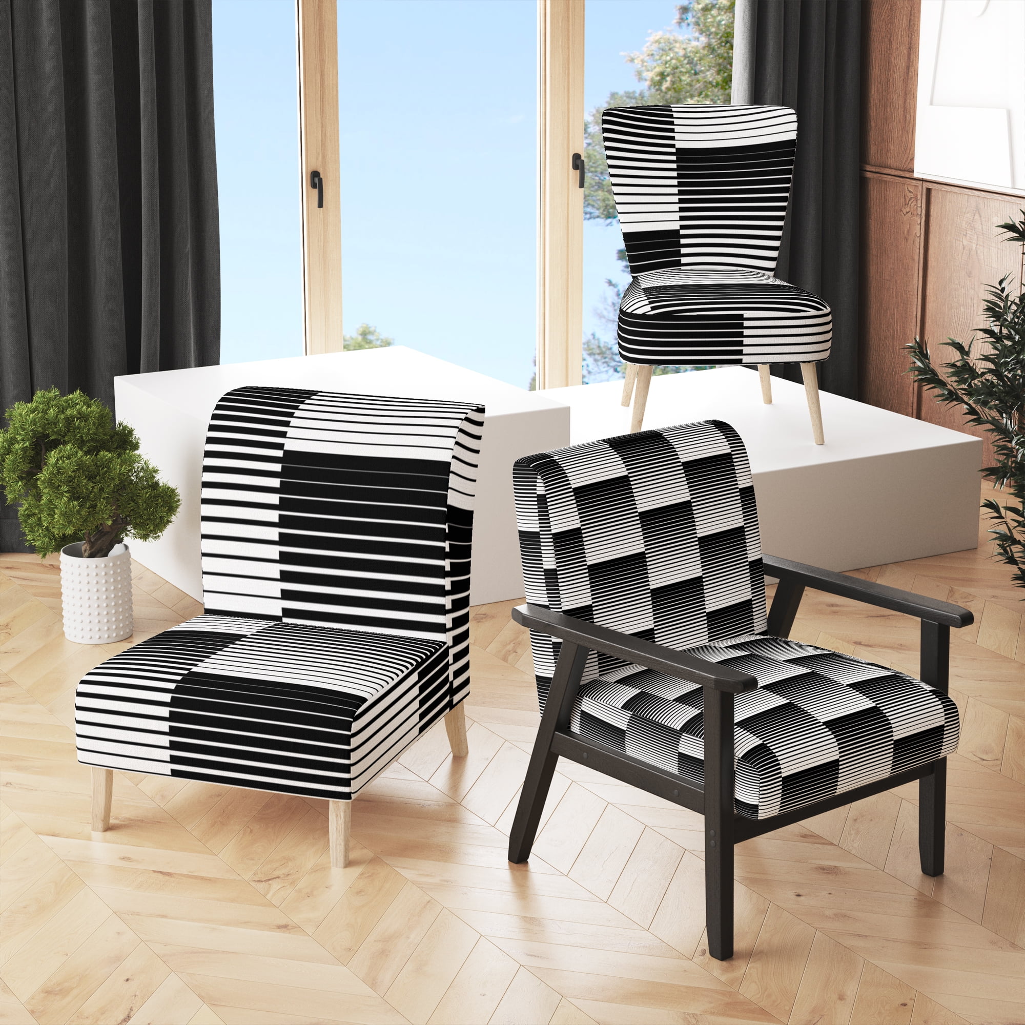 Designart "Black and White Abstract" Upholstered Patterned Accent Chair ...
