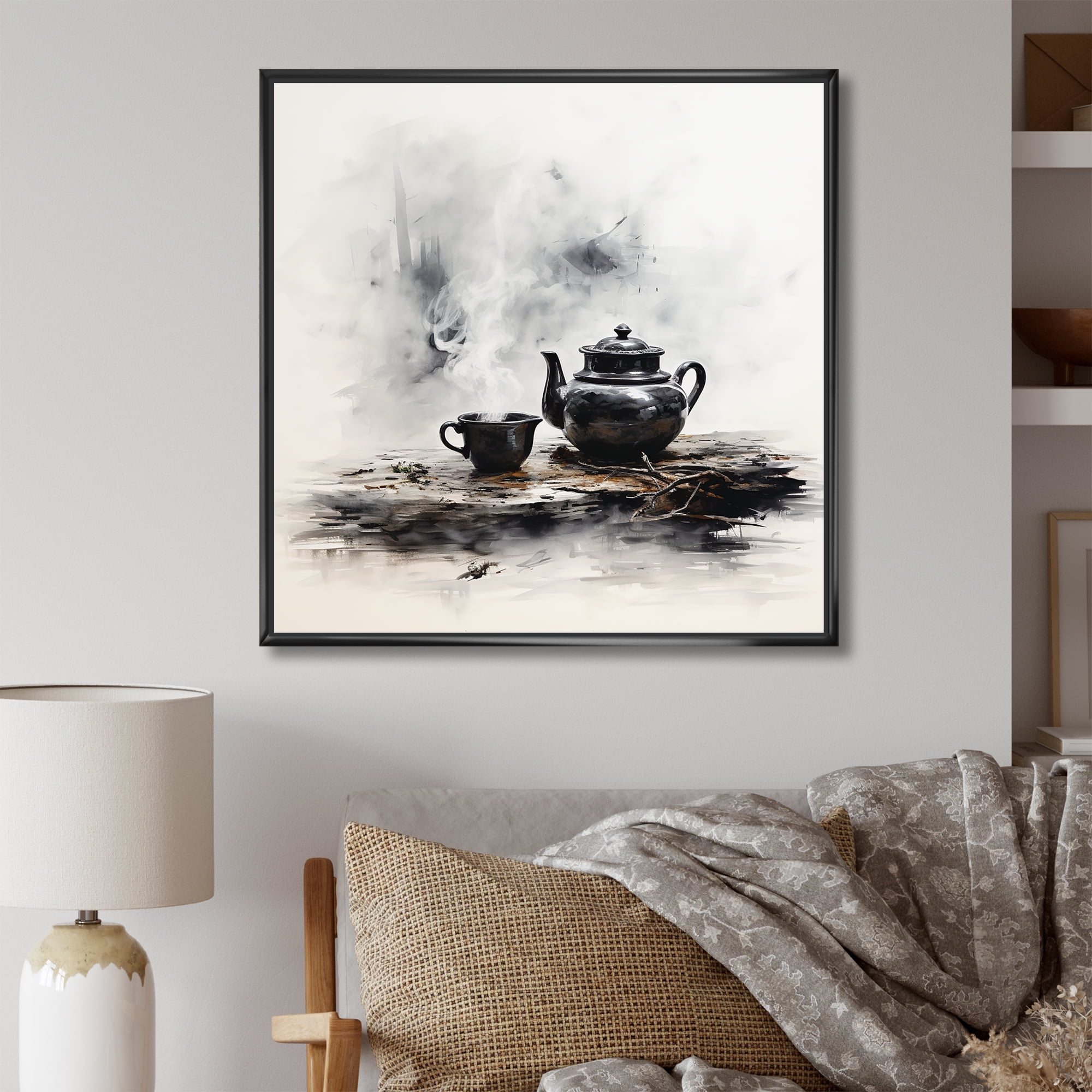 Designart "Black and White Bohemian Tea Set III" Geometric Framed Wall ...