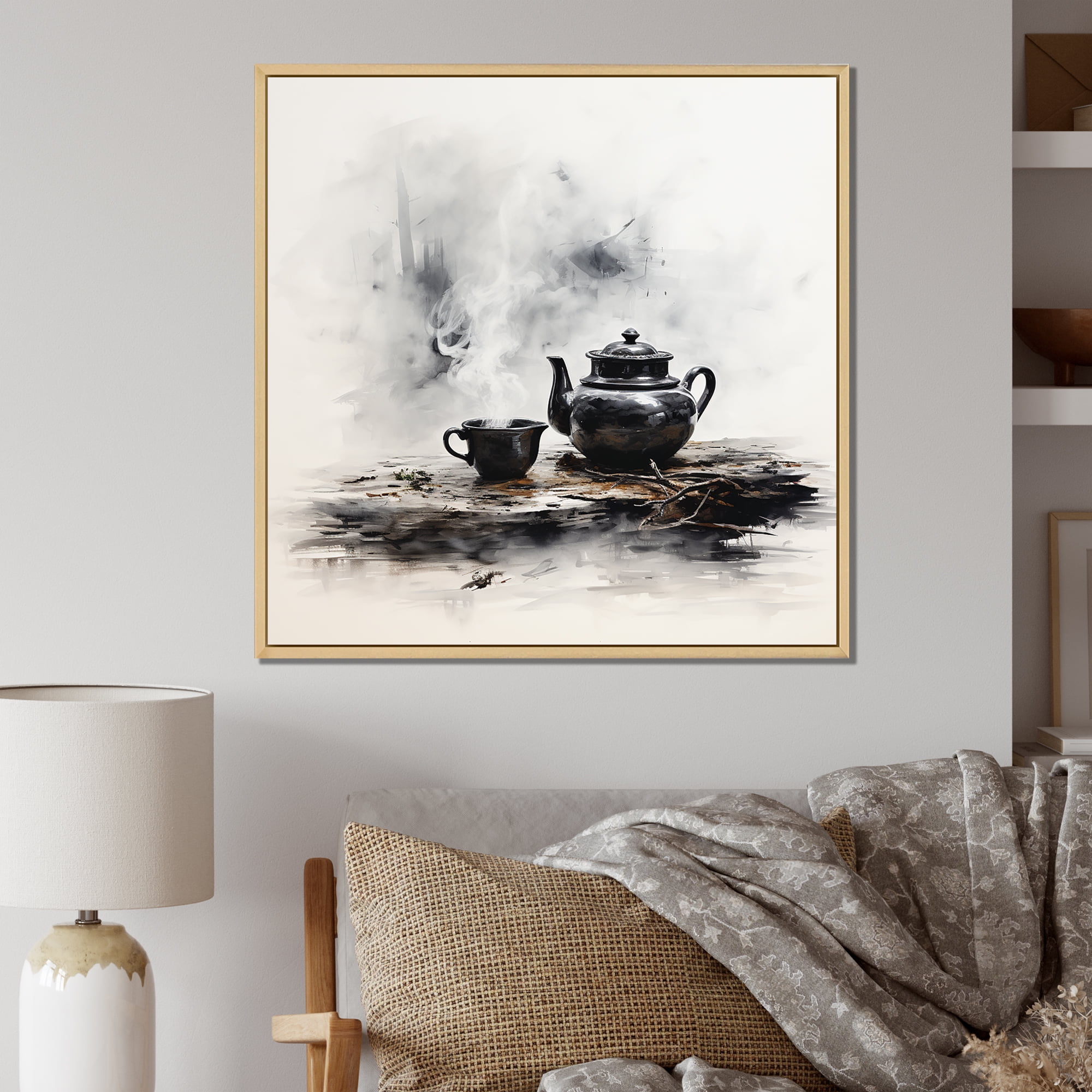 Designart "Black and White Bohemian Tea Set III" Geometric Framed Wall ...