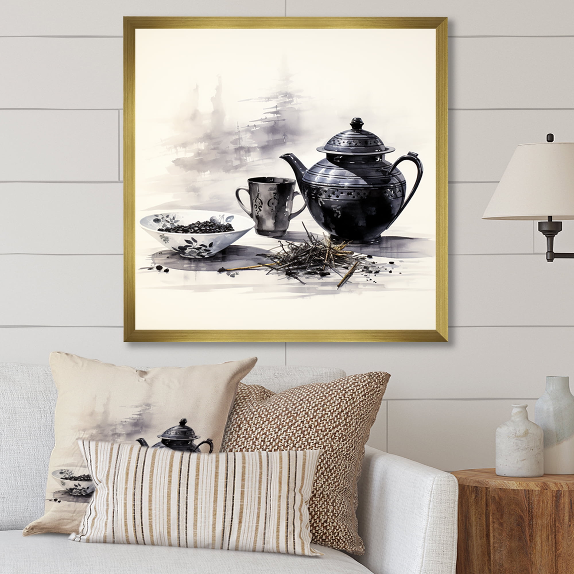 Designart "Black and White Bohemian Tea Set IV" Geometric Framed Wall ...
