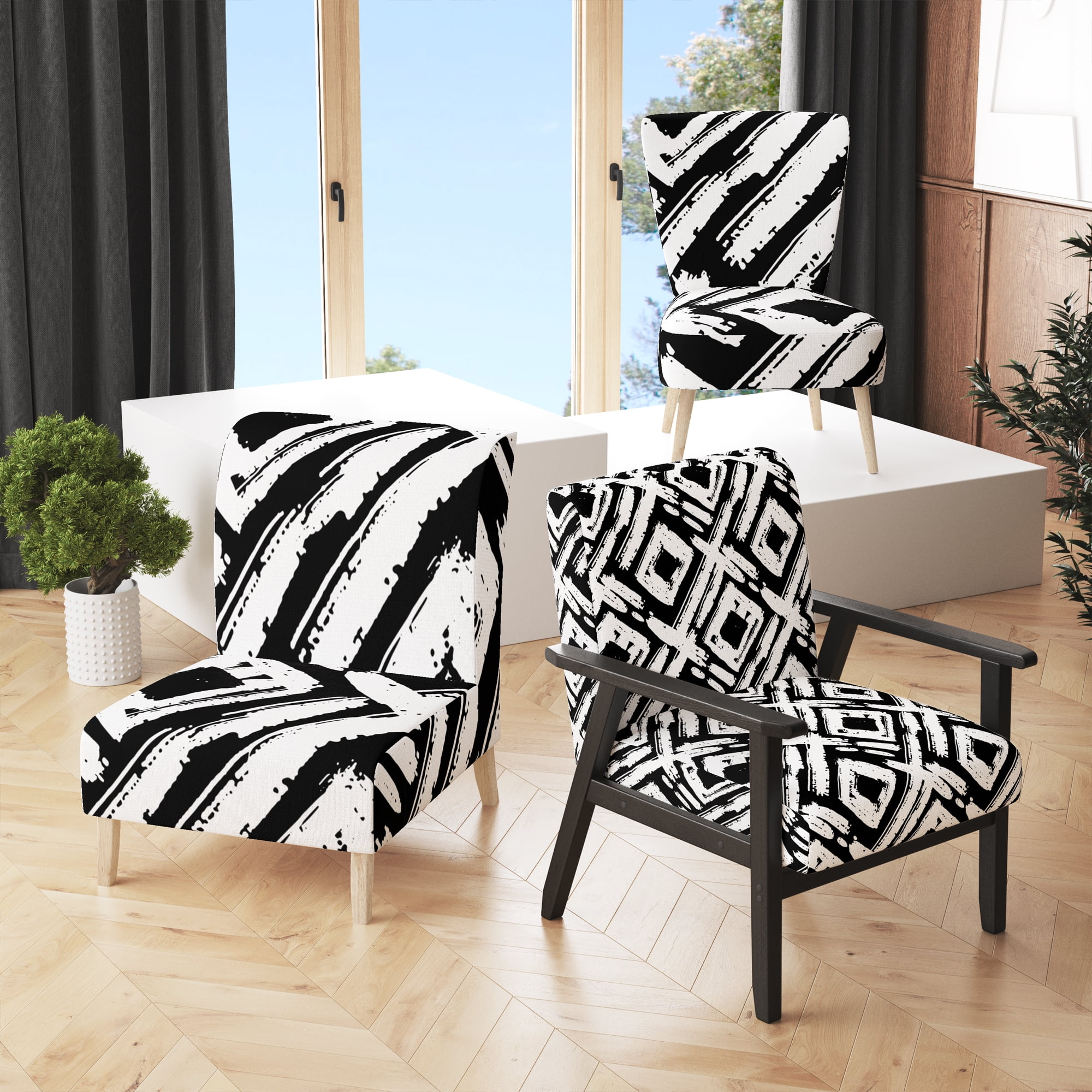 Designart "Black and White Geometric" Upholstered Patterned Accent ...