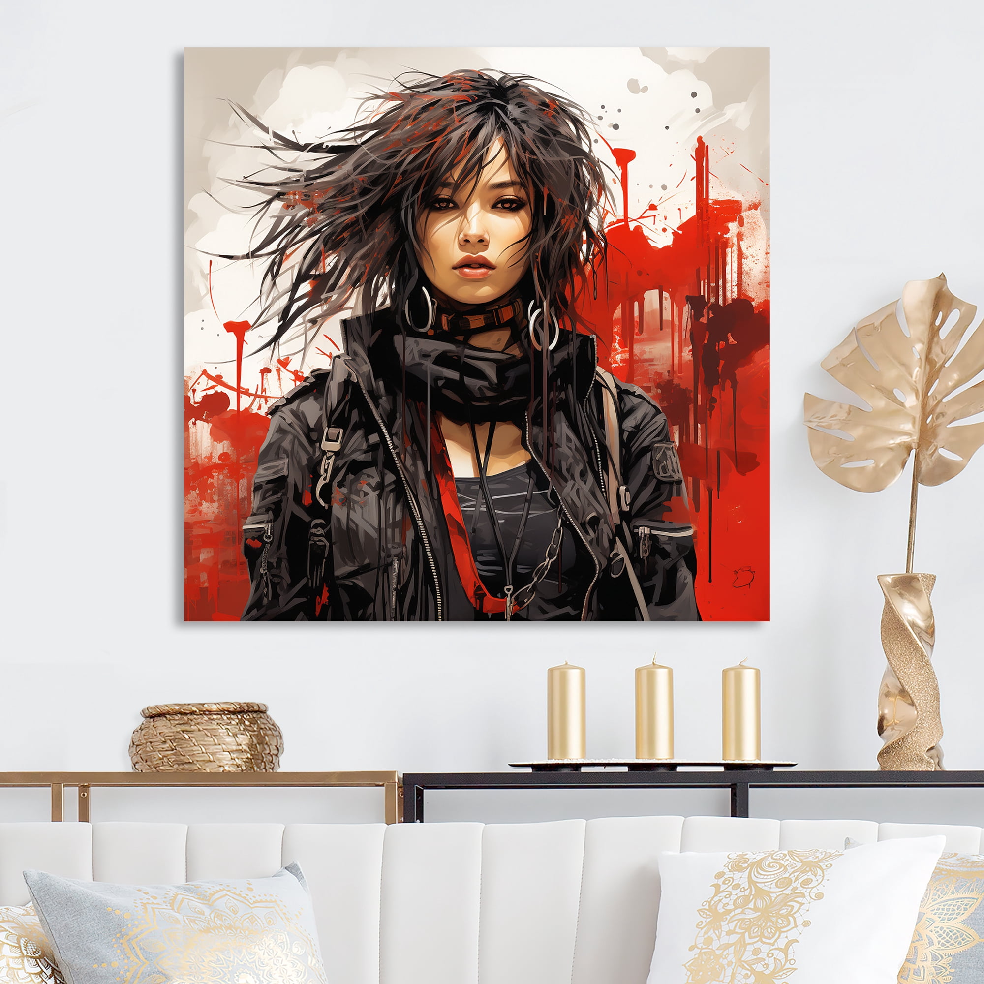 Designart "Black and red Punk woman Rebellion portrait IV In Black and ...