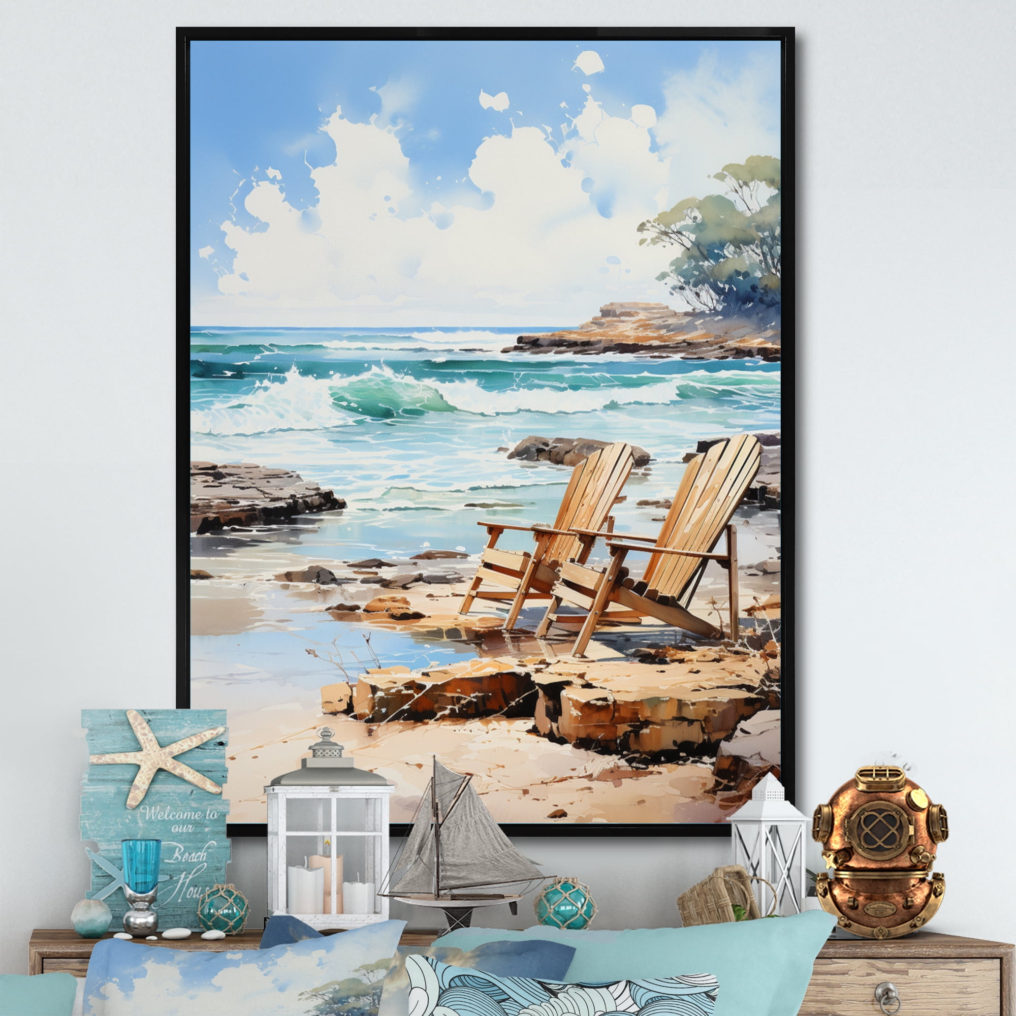 Designart "Blissful Coastal Beach II" Nautical & Beach Floater Framed ...