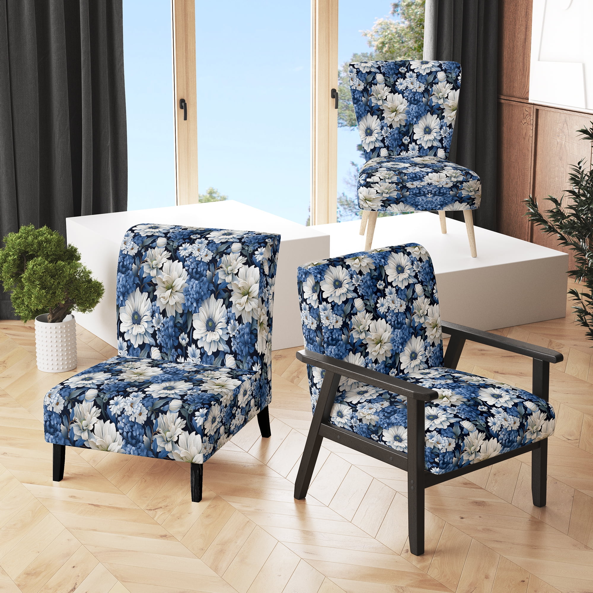 Designart "Blooming Blue And White Florals IV" Blue Floral Upholstered ...