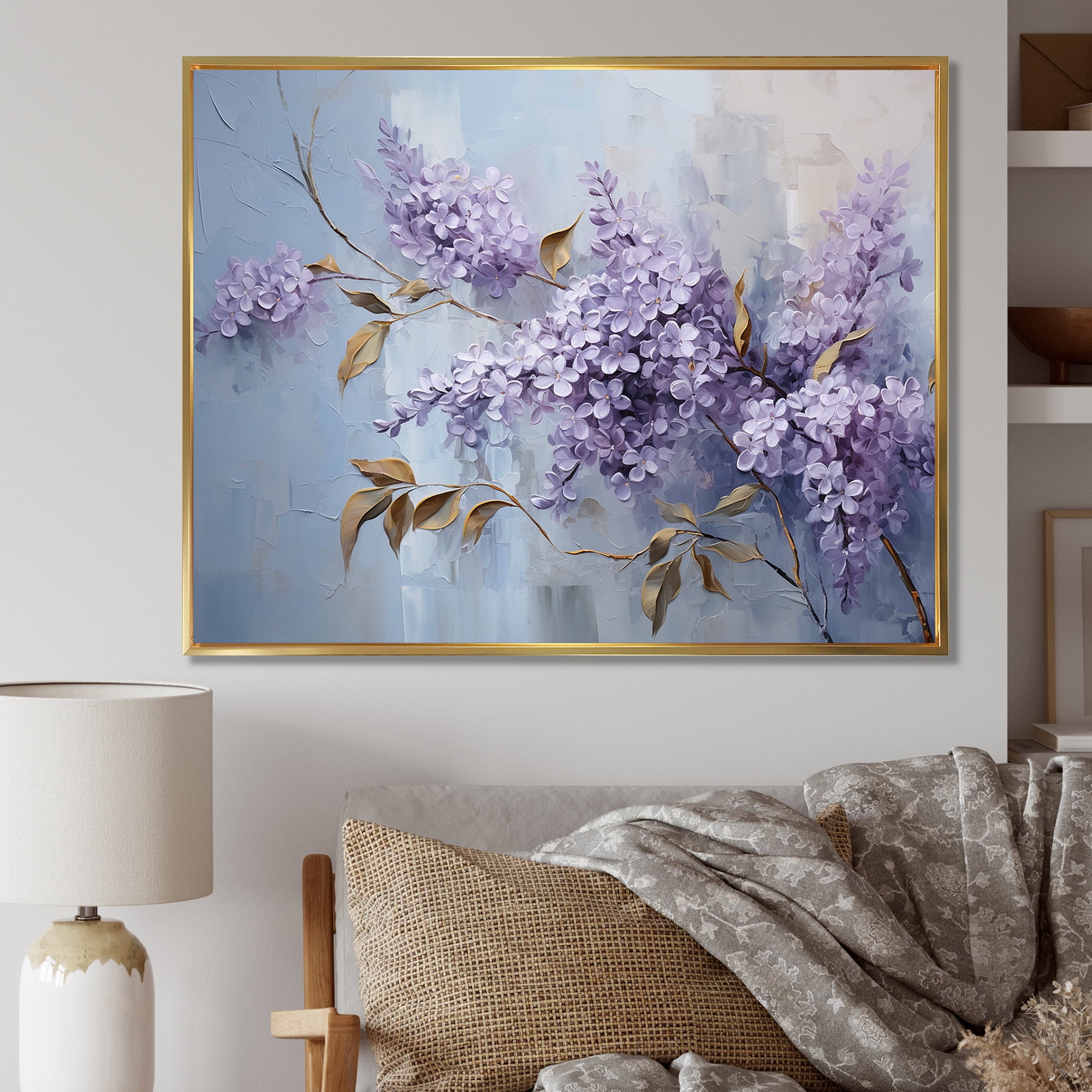 Designart "Blooming Lilac Bush In Purple And Blue II" Lilacs Floater ...
