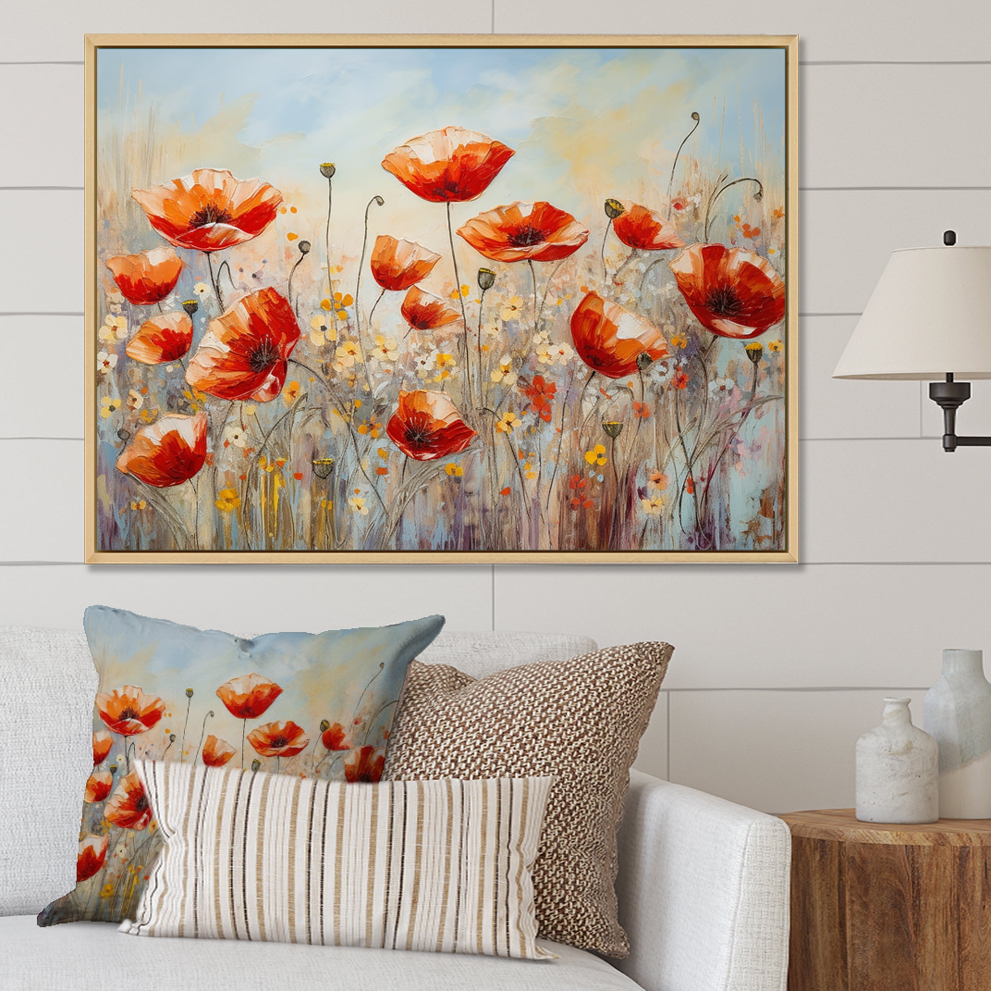 Designart "Blooming Red Poppies II" Flower Field Floater Framed Wall ...
