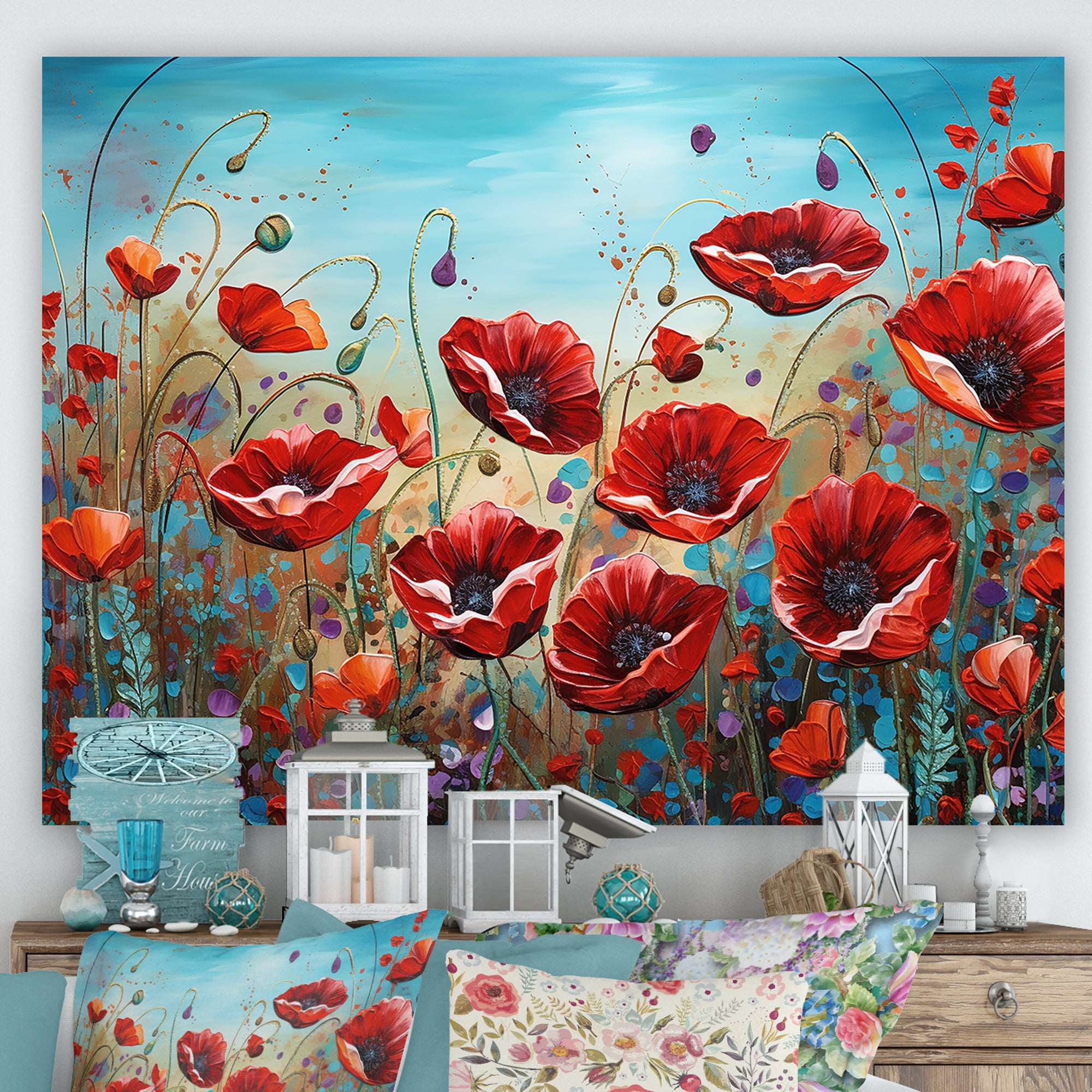 Designart "Blooming Red Poppies III" Flower Field Canvas Wall Art ...