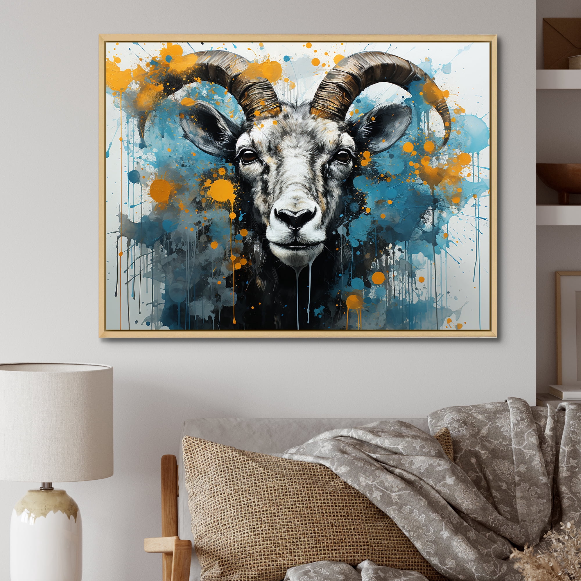 Designart "Blooms Portrait of Goat in Blue and Yellow" Animals Framed ...