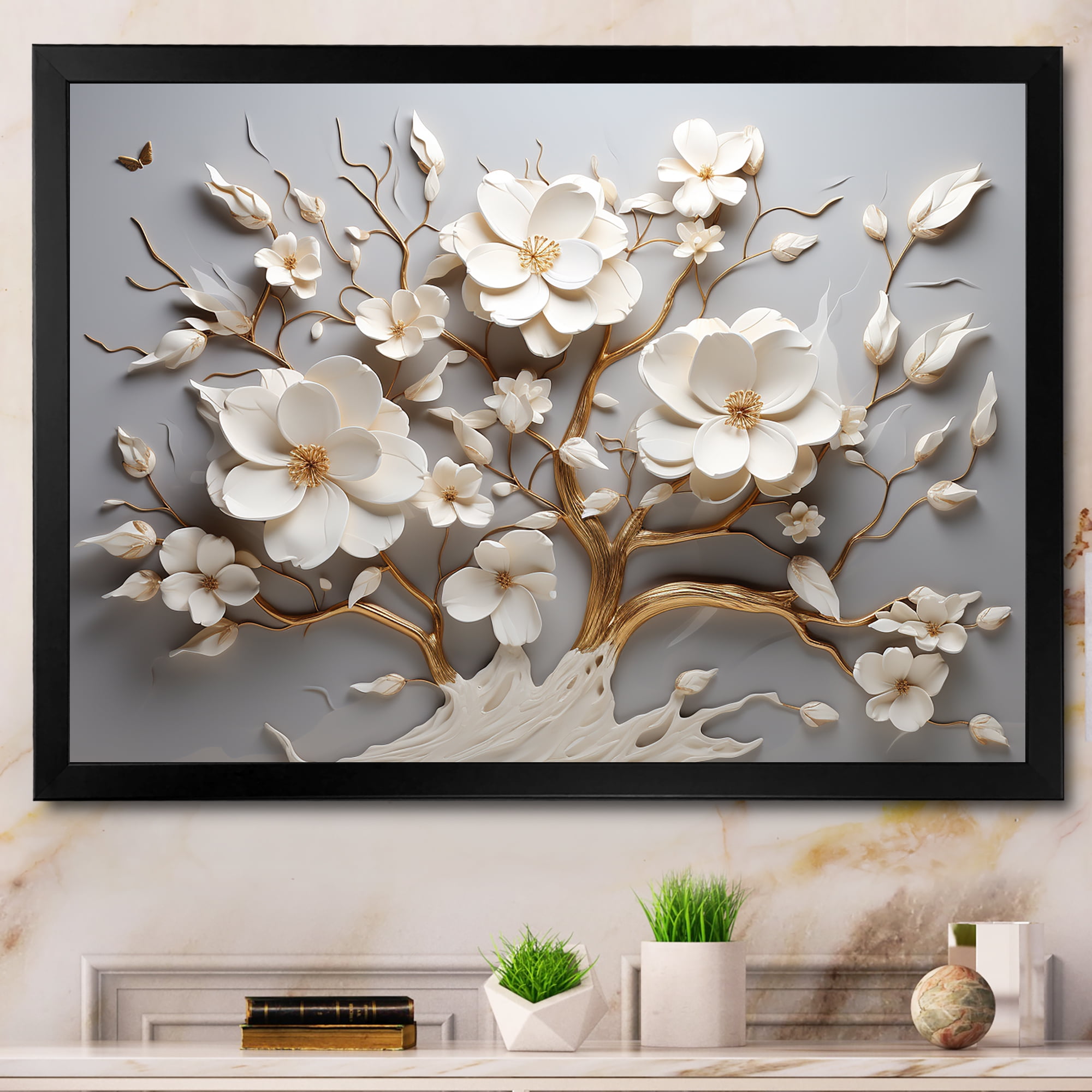 Designart "Blossoms in White Orchid Tree Garden IV" Floral Framed Wall ...