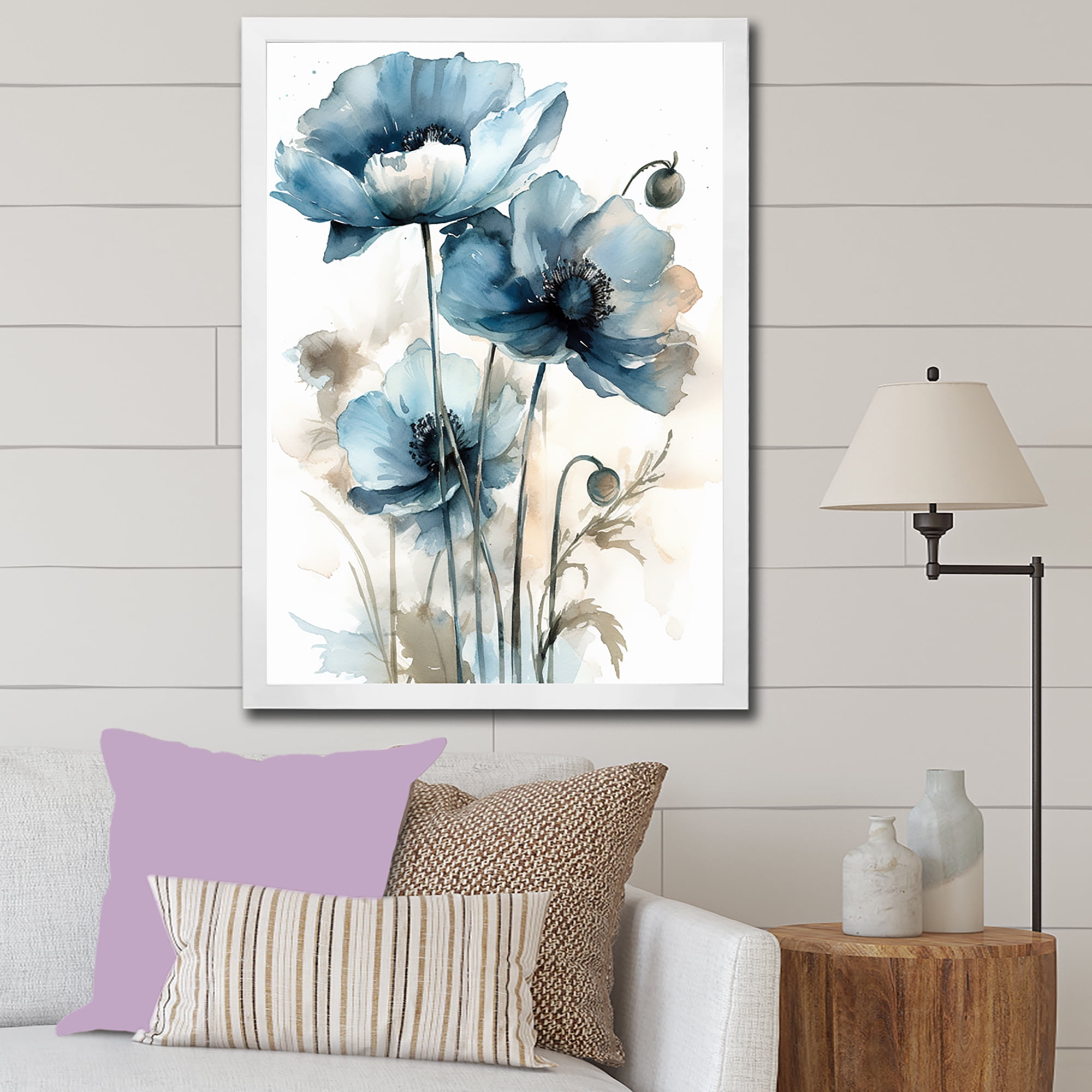 Designart "Blue And Black Poppy Floral Array" Boho Pottery Picture ...