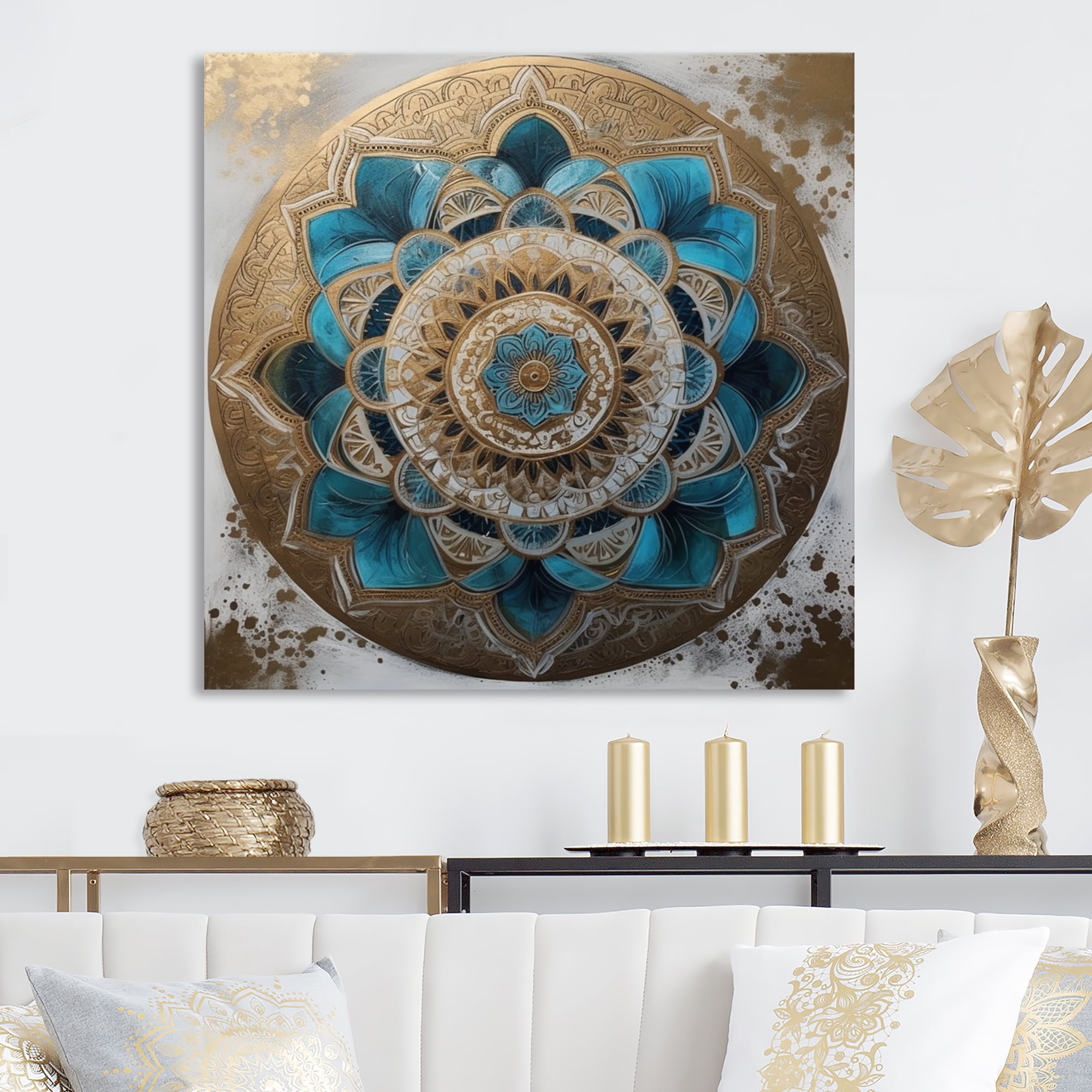 Designart "Blue And Gold Mandala III" Boho Mandala Wall Art Print ...