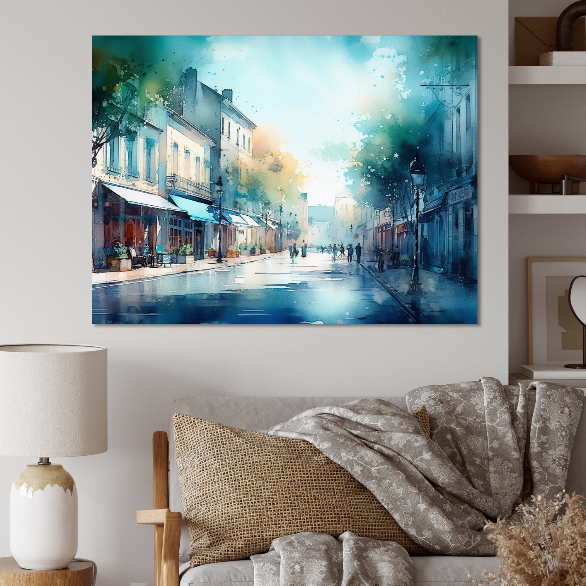 Designart "Blue And Green French Small Town" City Art Deco Wall Decor ...