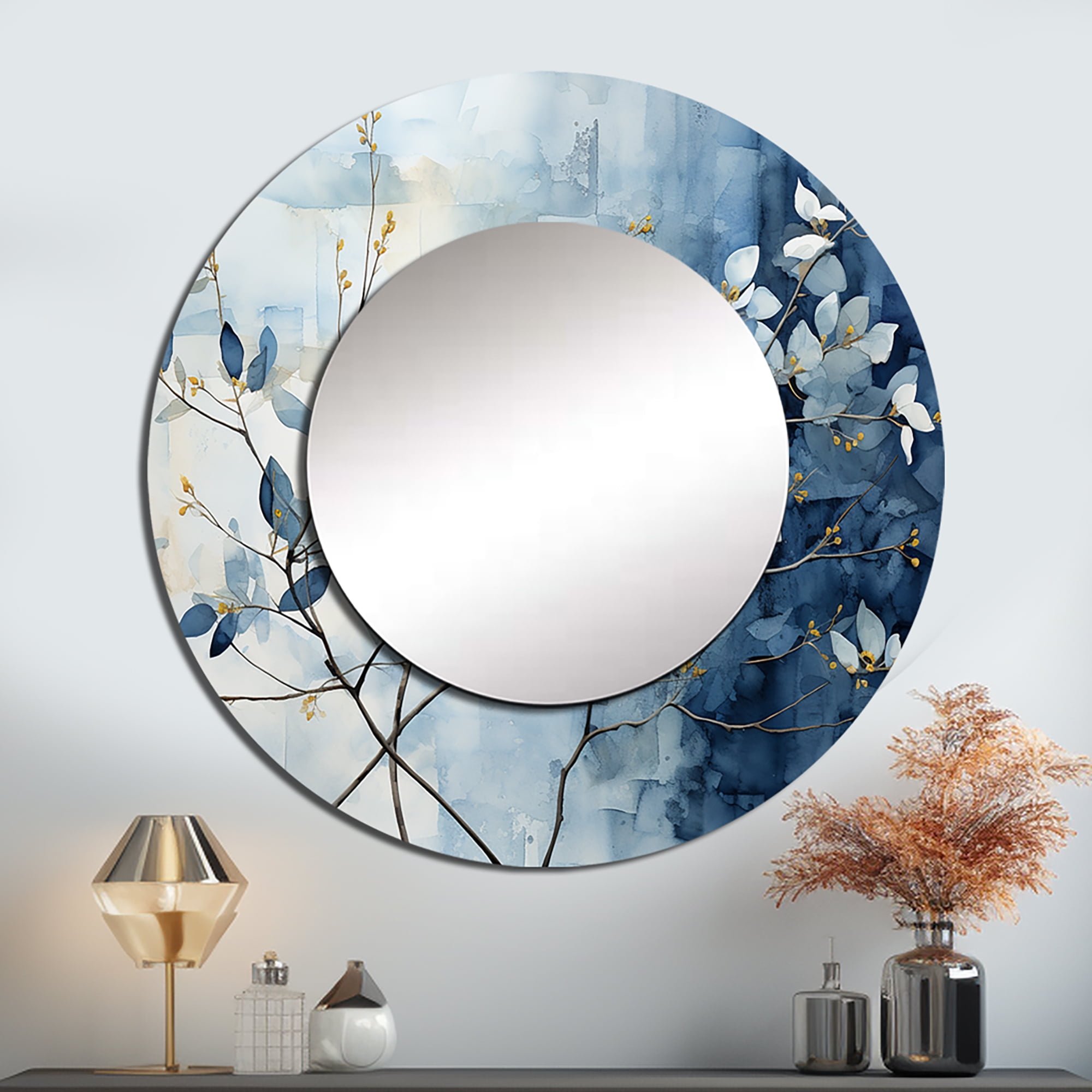 Designart "Blue And Grey Leaves Adorning A Branch" Leaves Rund Mirror ...