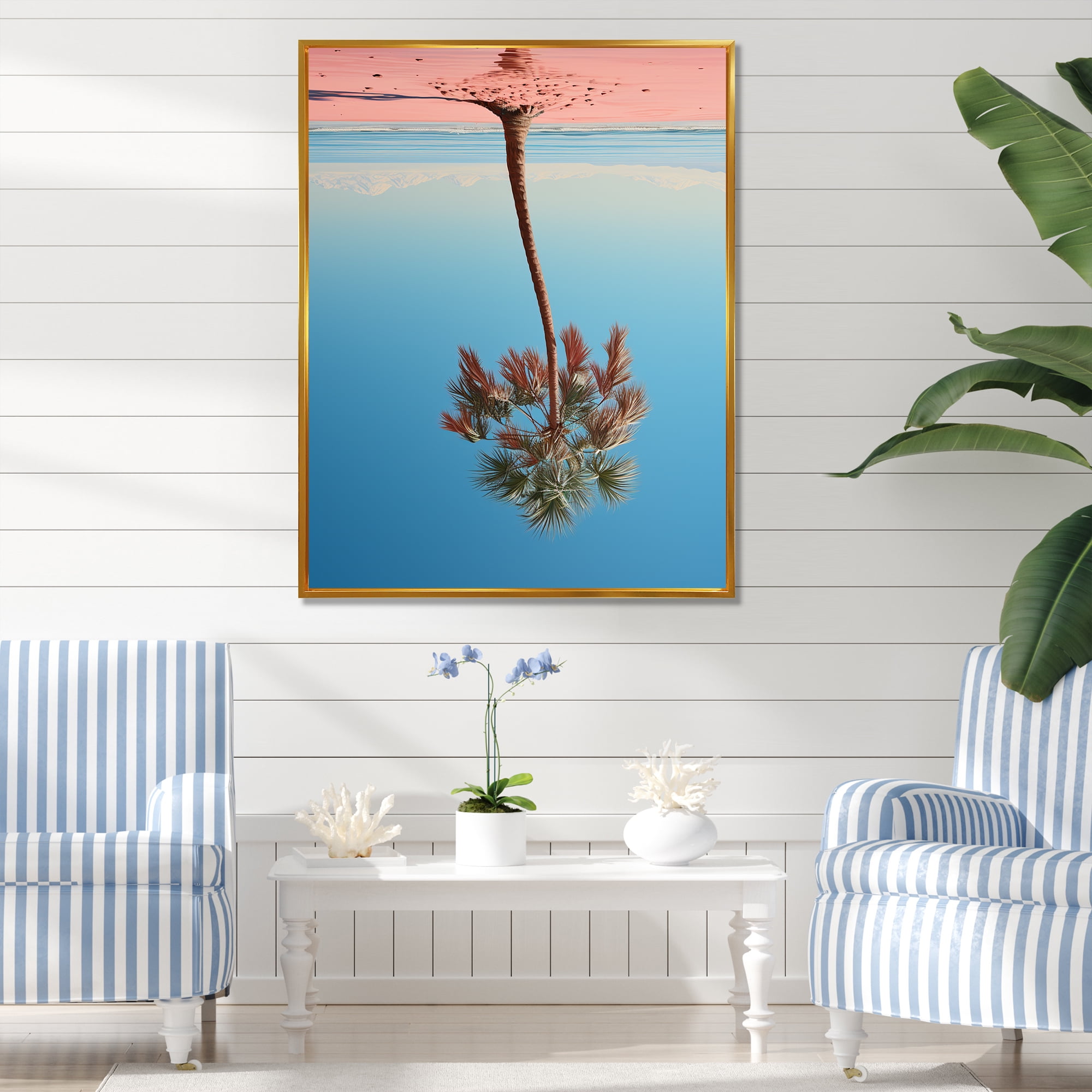 Designart "Blue And Pink Palm Tree In The Sea Breeze" Coastal Floater ...