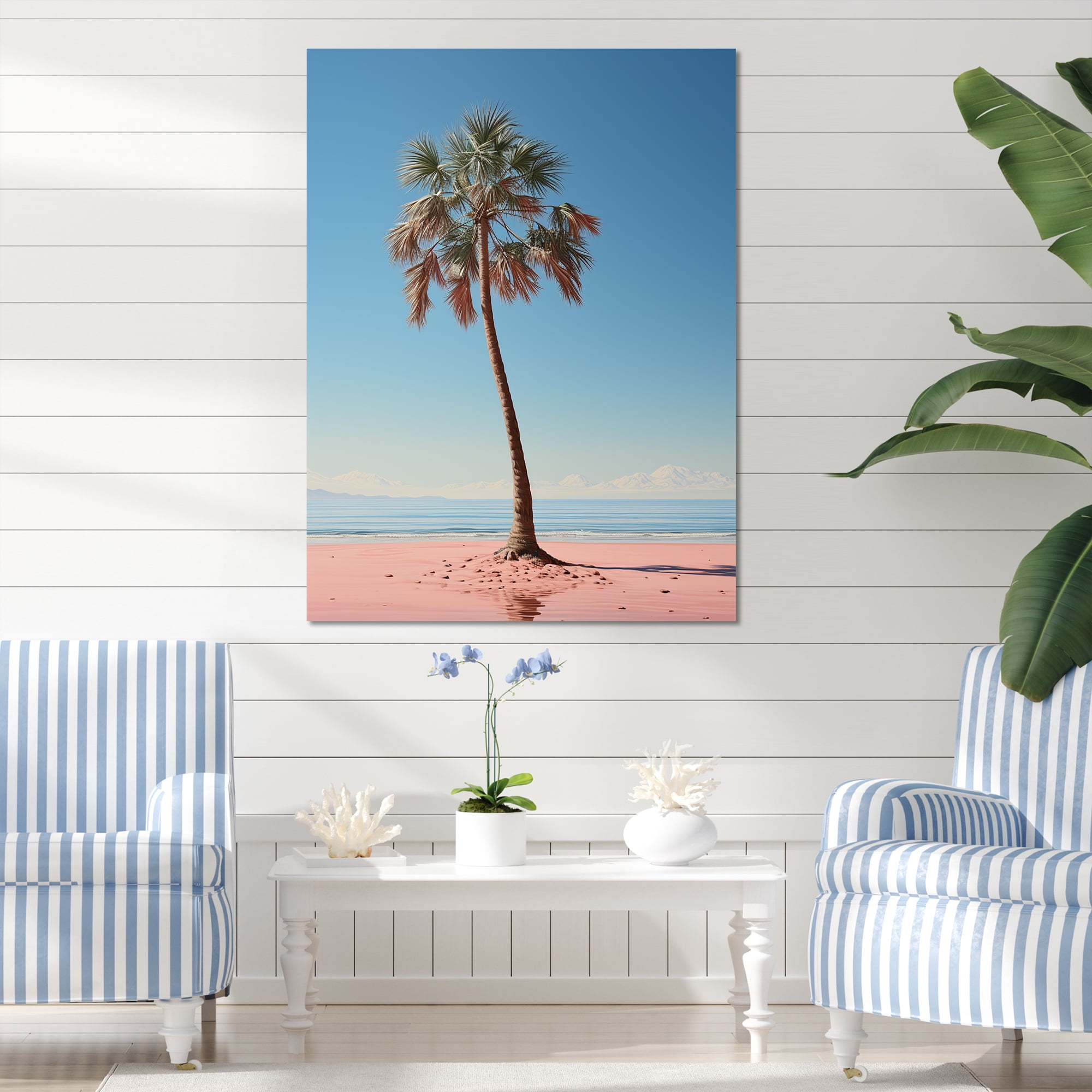 Designart "Blue And Pink Palm Tree In The Sea Breeze" Coastal Wall ...