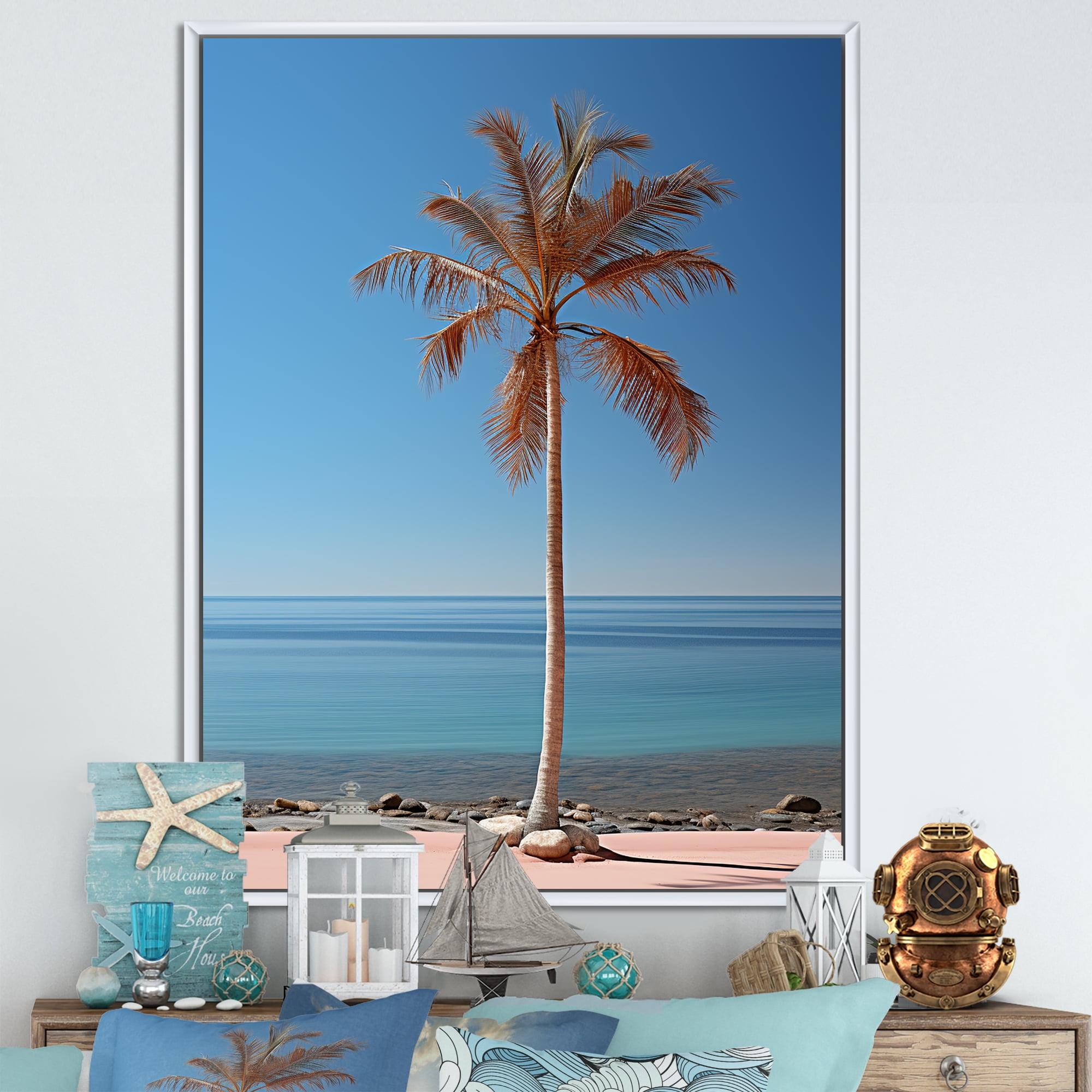 Designart "Blue And Pink Palm Tree In The Sea Breeze II" Coastal ...