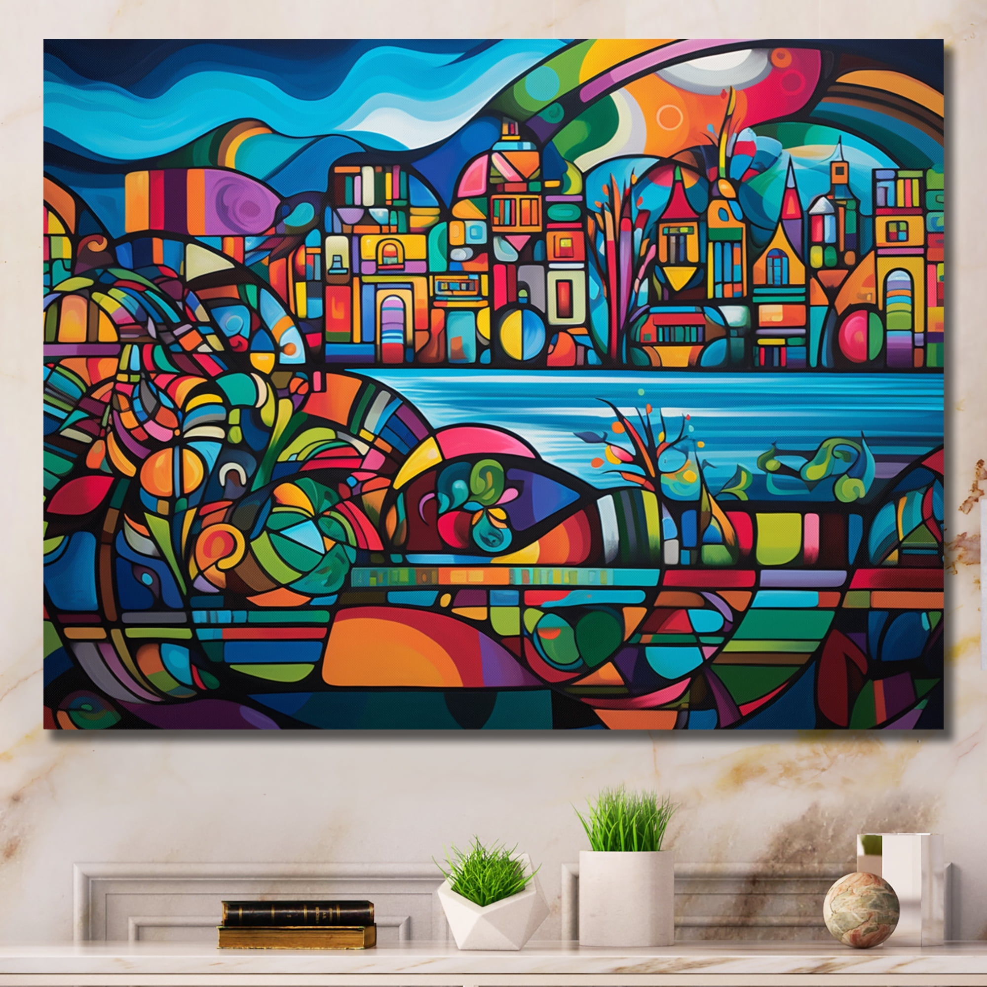 Designart "Blue And Red Cityscape Unveiled" City Art Deco Wall Art ...