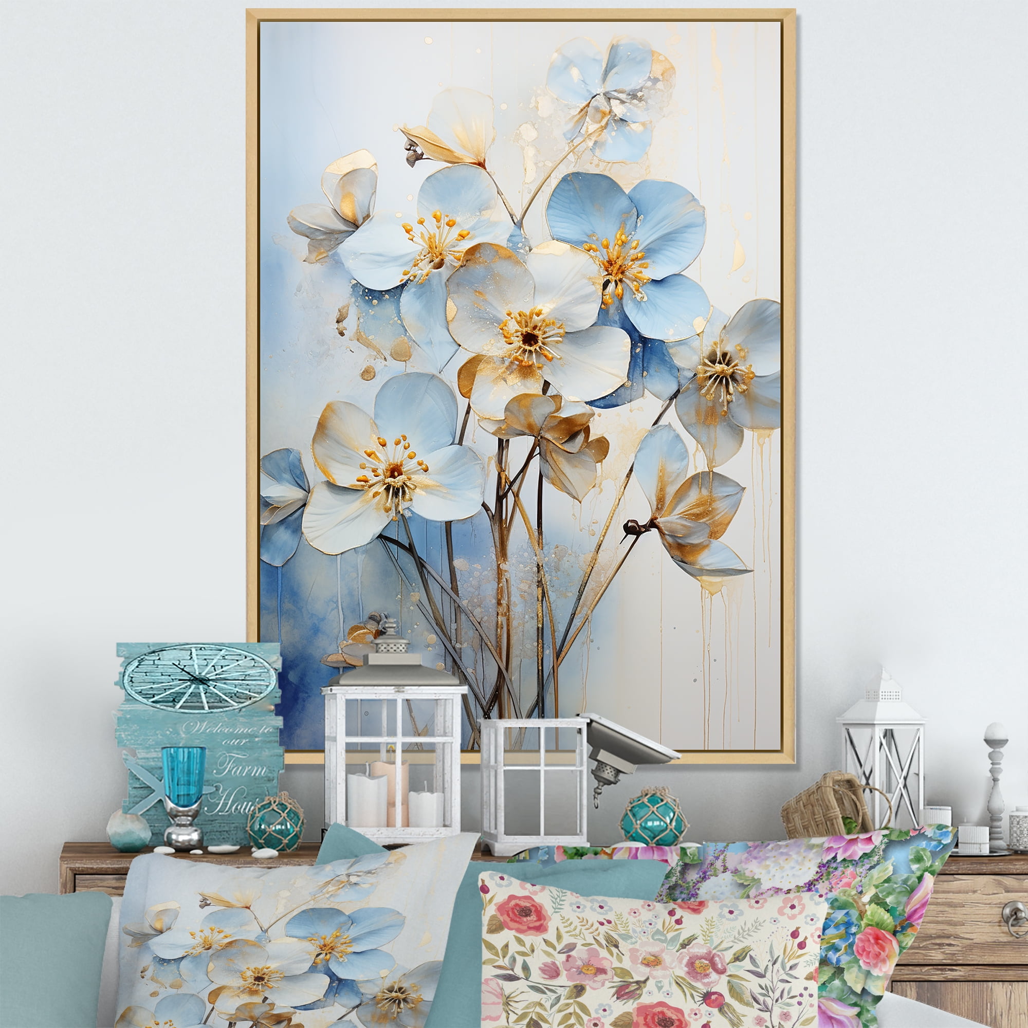 Designart "Blue And White Violet Minimalism I" Violets Floater Framed ...