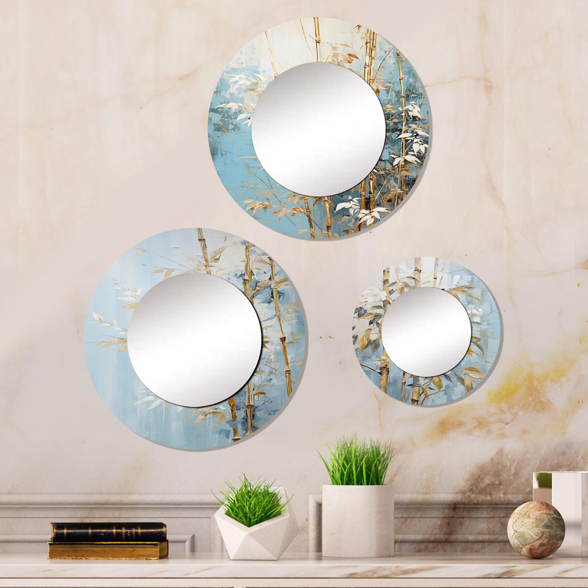 Designart "Blue Bamboo With Gold" Bamboo Round Mirror Set Of 3 ...