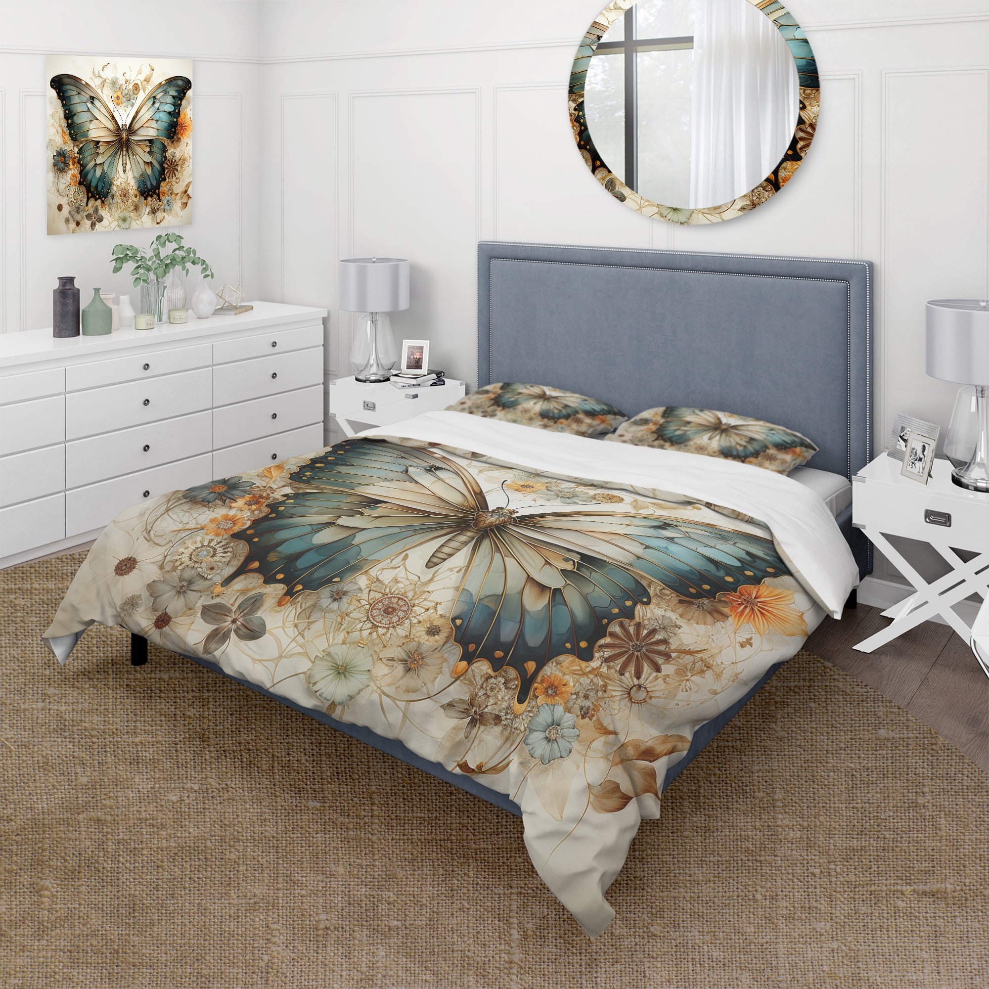 Designart "Blue Beige Butterfly Intricate Patterns" Animals Bedding ...