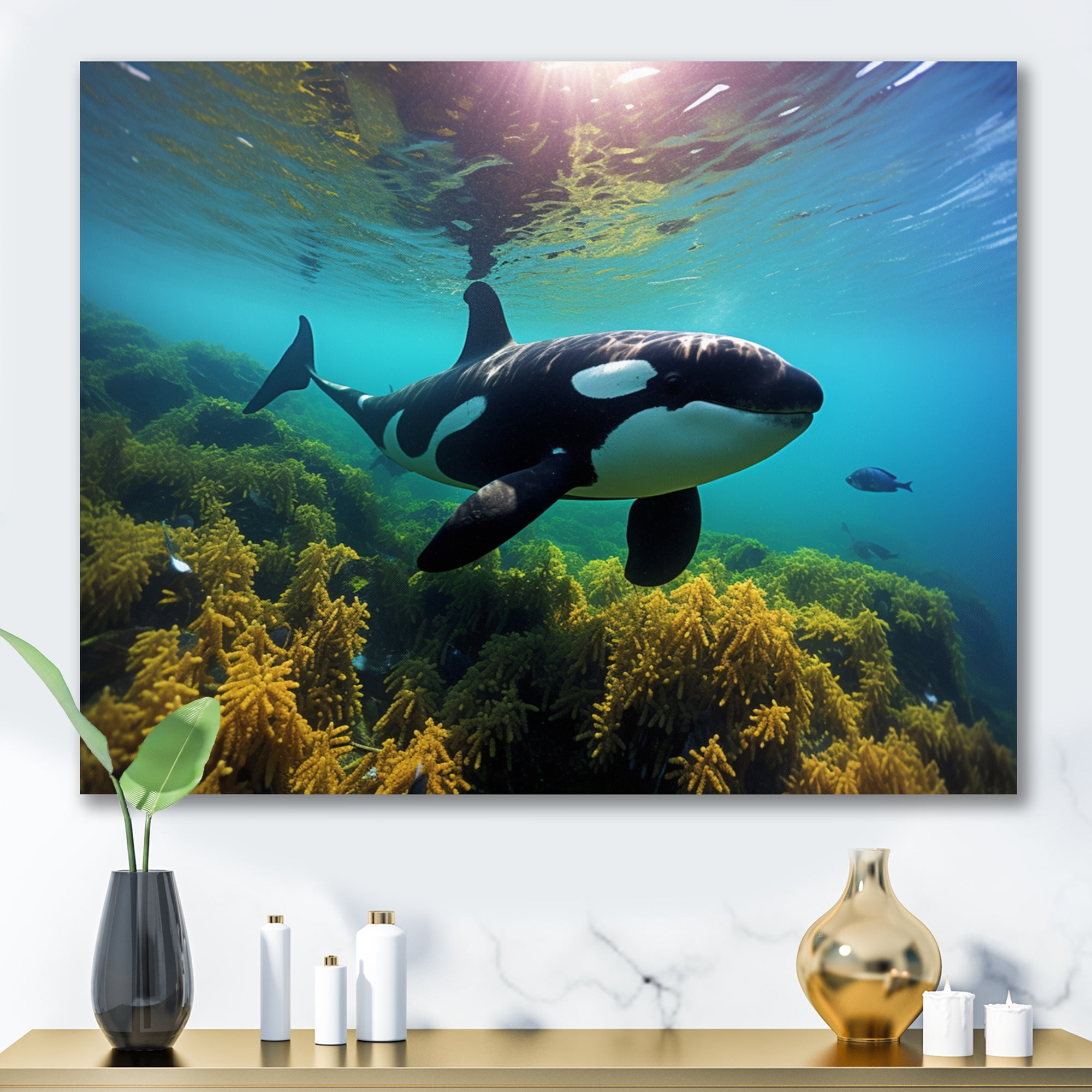 Designart "Blue Black Marine Animals Majestic Orcas" Marine Animals ...