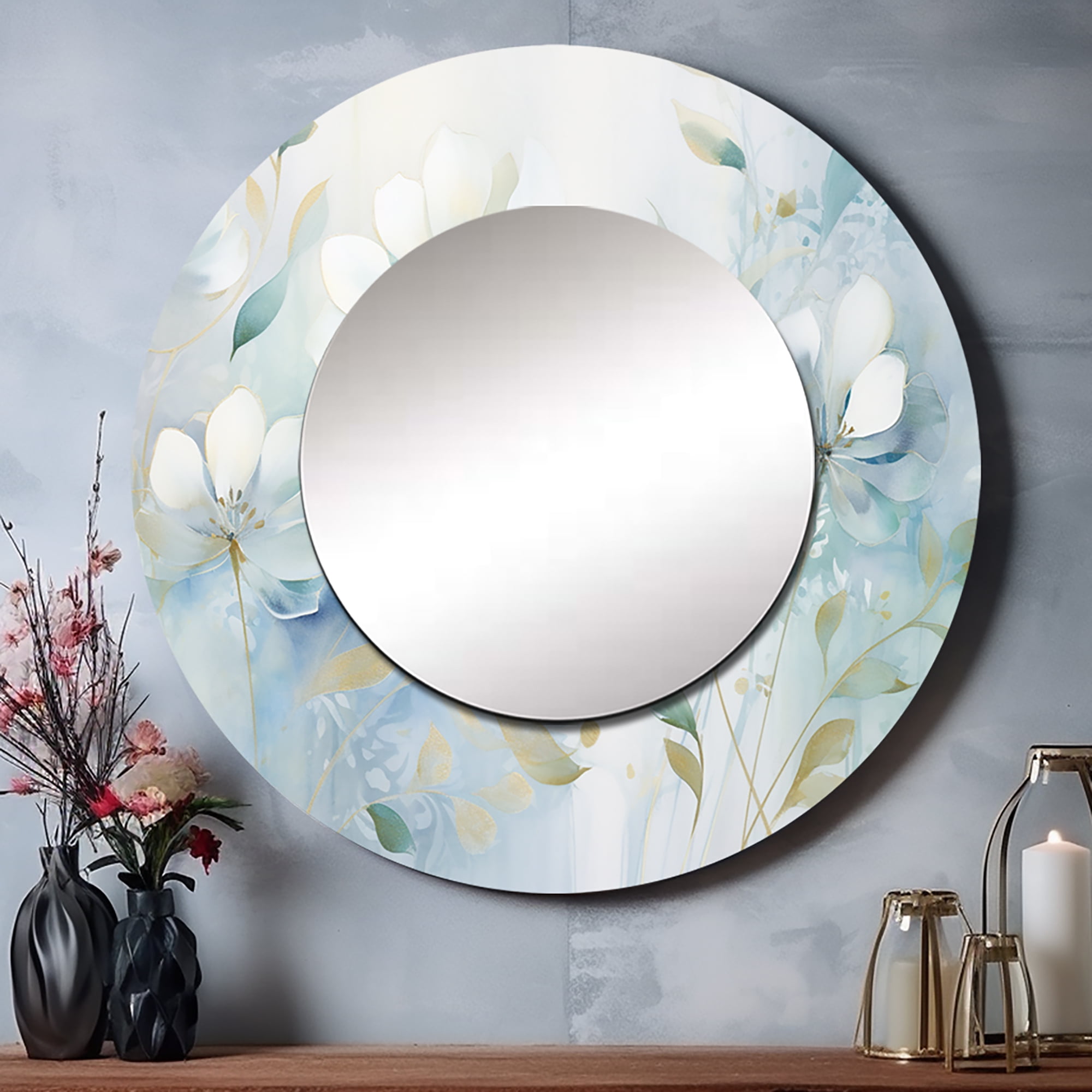 Designart "Blue Botanical flow I" Abstract Botanicals Round Mirror Wall ...